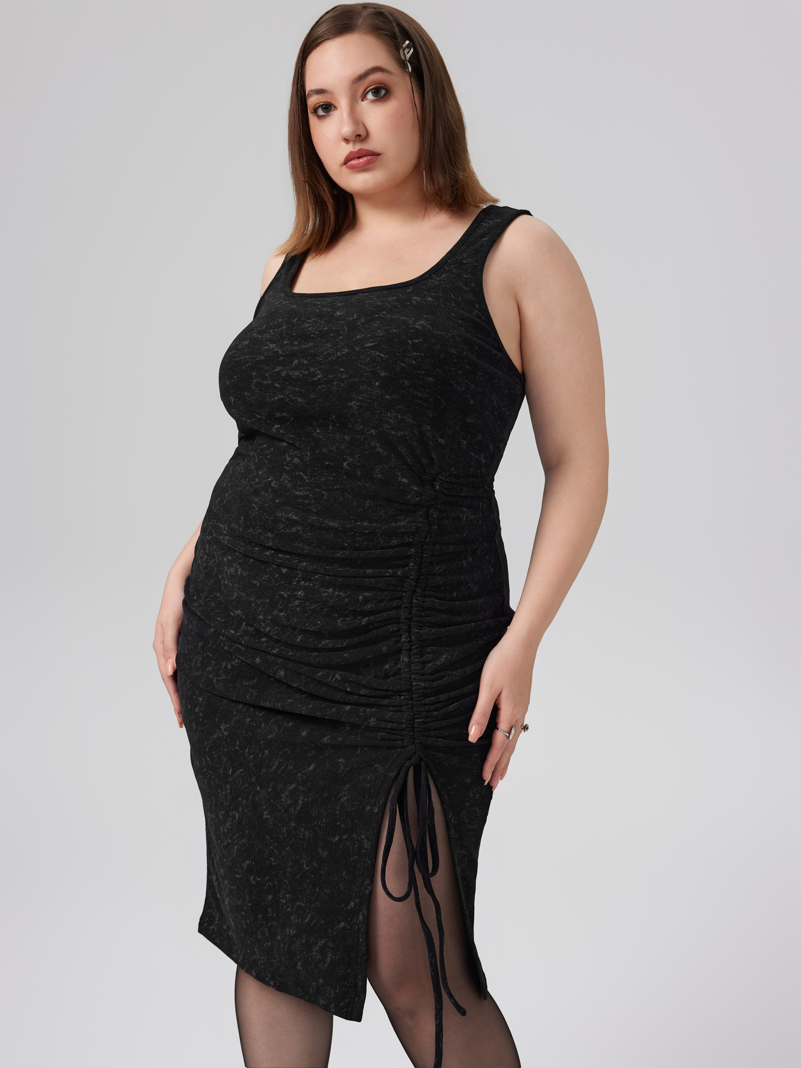 Knit Fabric Drawstring Split Midi Dress Curve & Plus For Outdoor Party ...