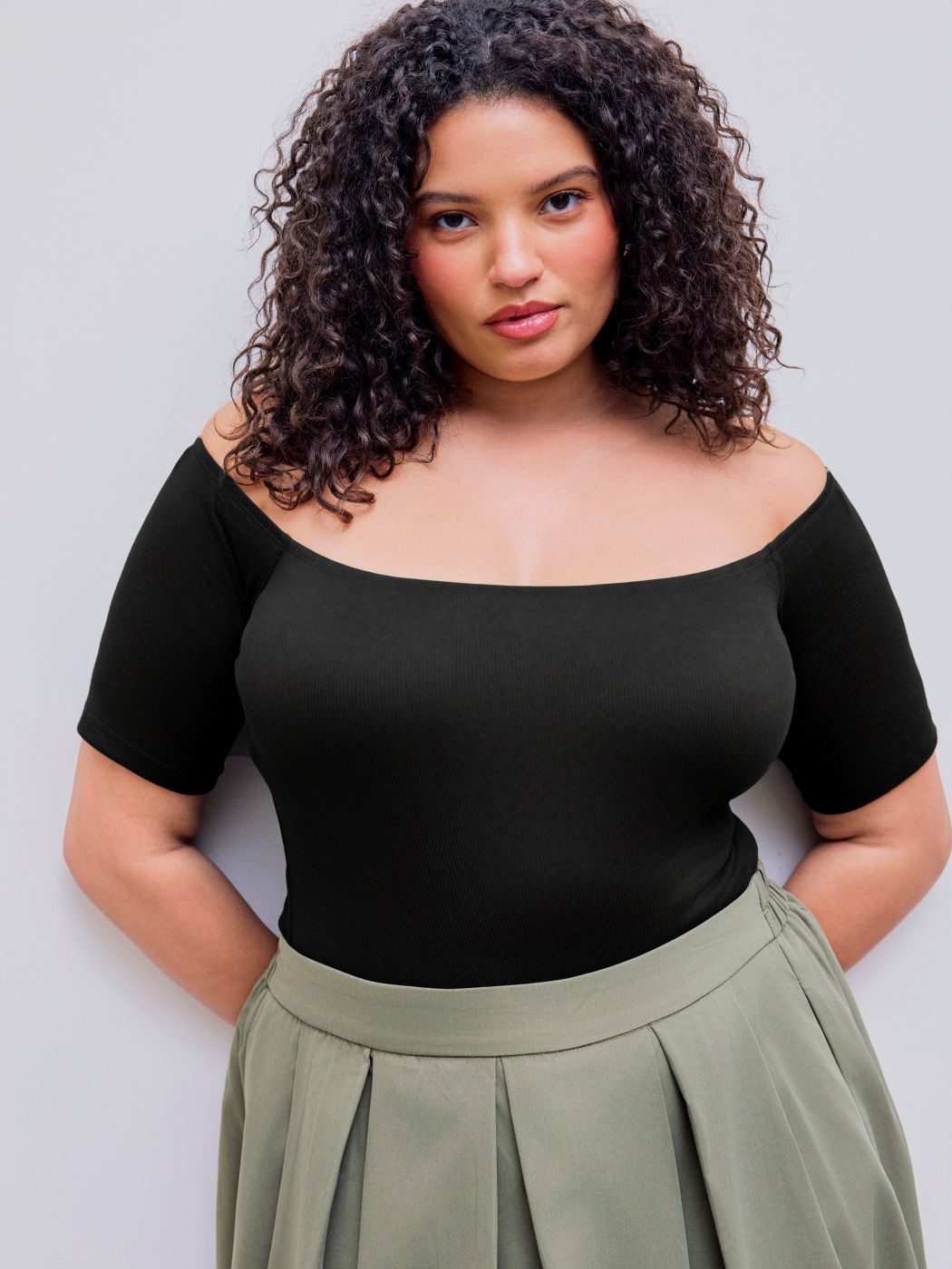 Rib Off-shoulder Solid Bodysuit Curve & Plus For Daily Casual Date