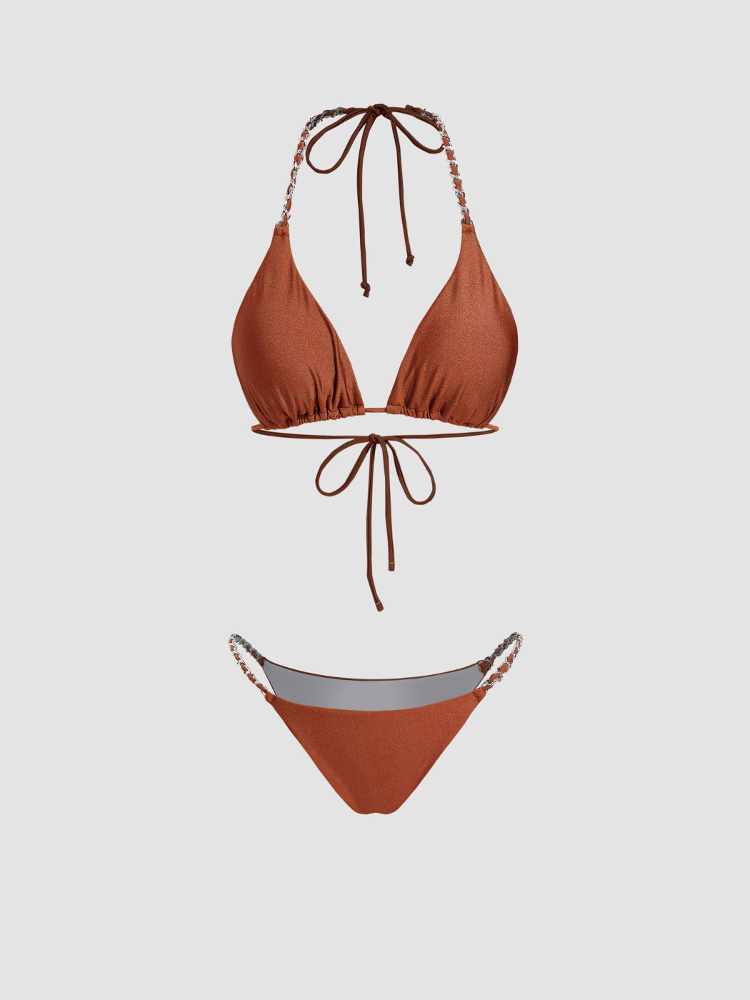 V-neck Solid Chain Halter Cheeky Bikini Swimsuit - Cider