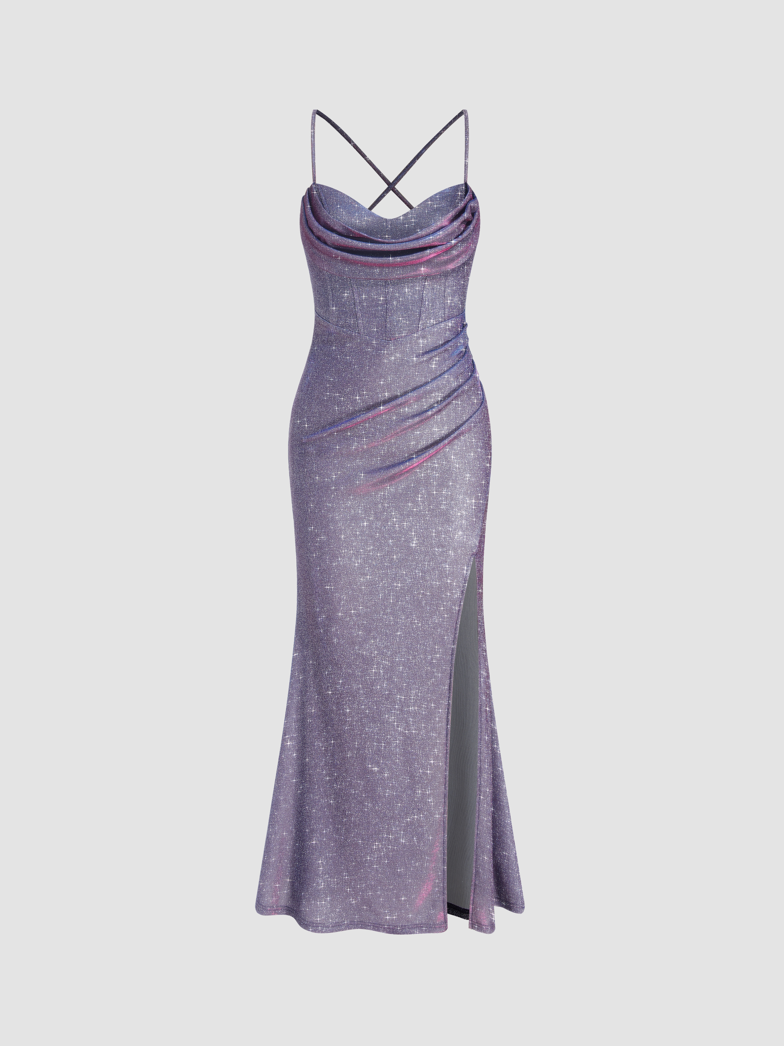 Homecoming Dress Hoco Dresses Woven Glitter Cowl Neck Criss Cross Split ...