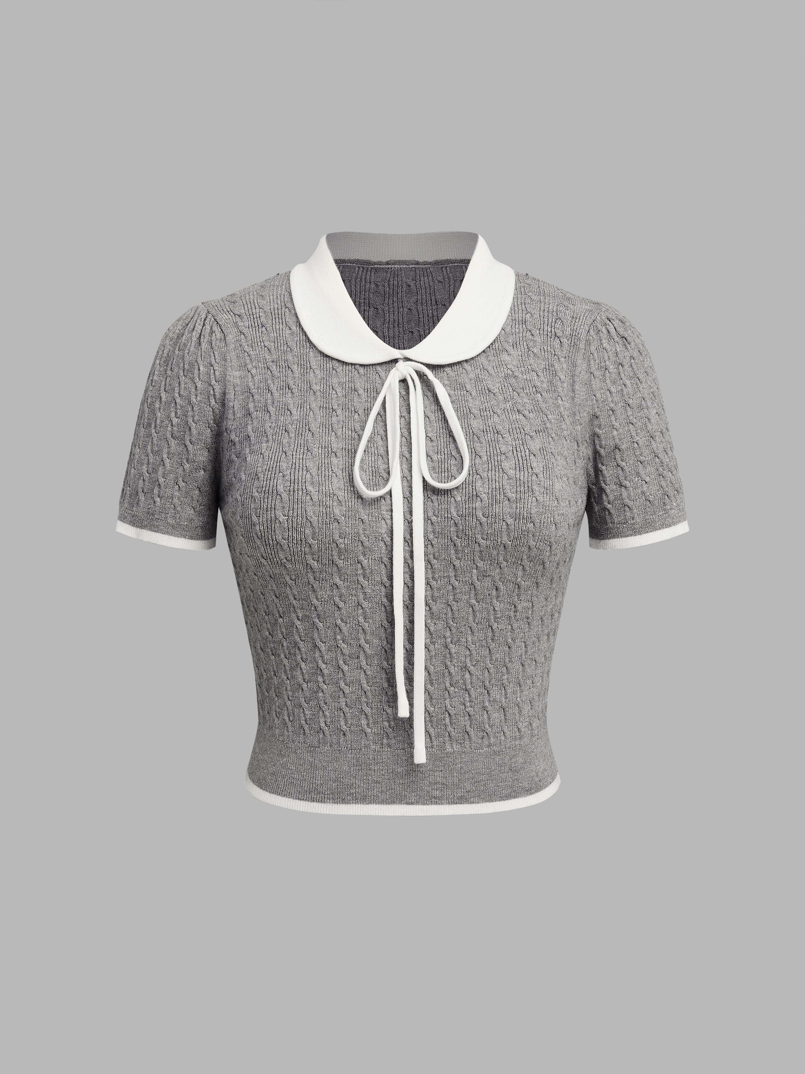 Knit Fabric Knit Polo Contrasting Binding Knotted Short Sleeve Top For ...