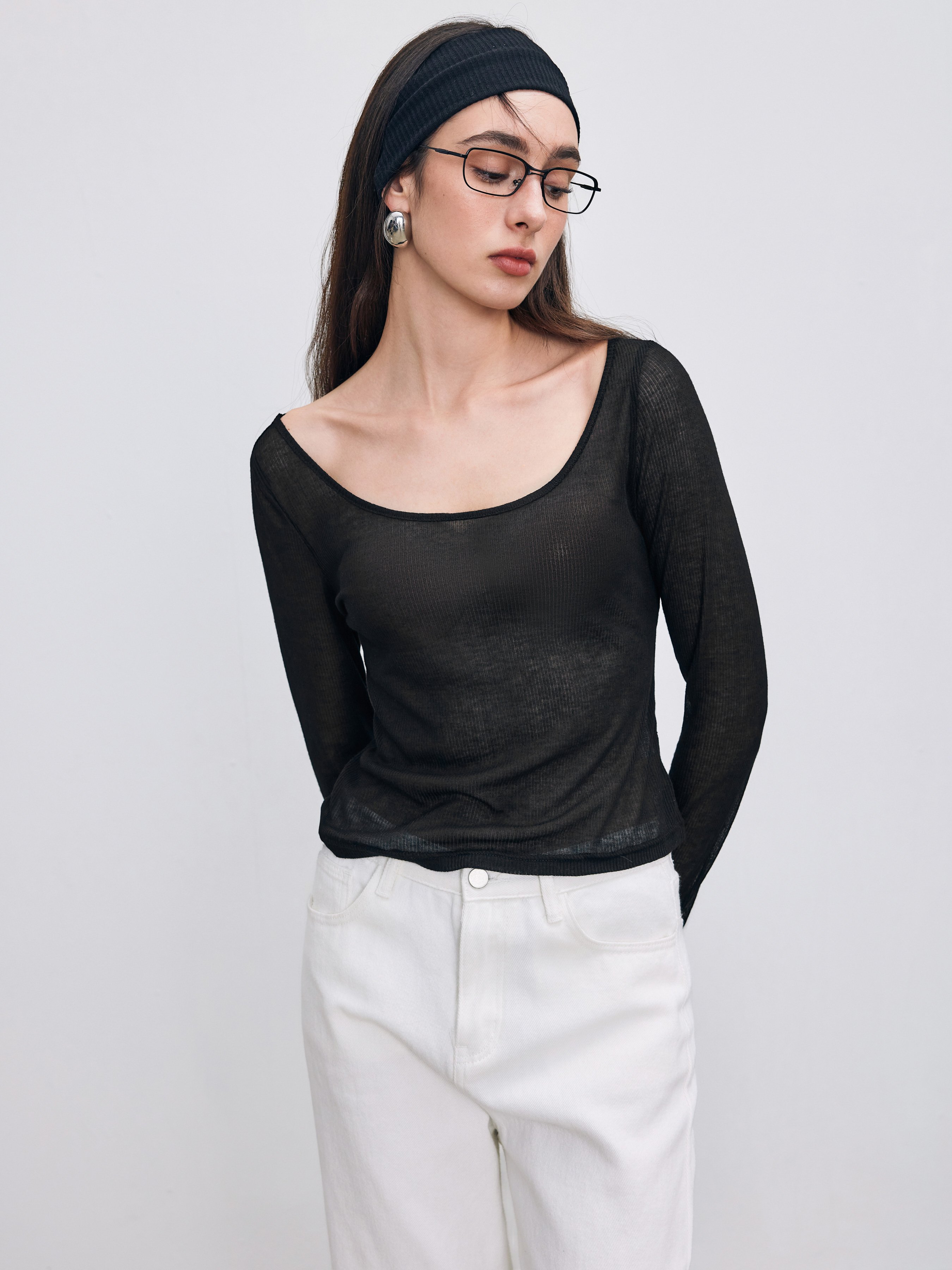 Knit Fabric Round Neck Solid See-through Long Sleeve Top For Work