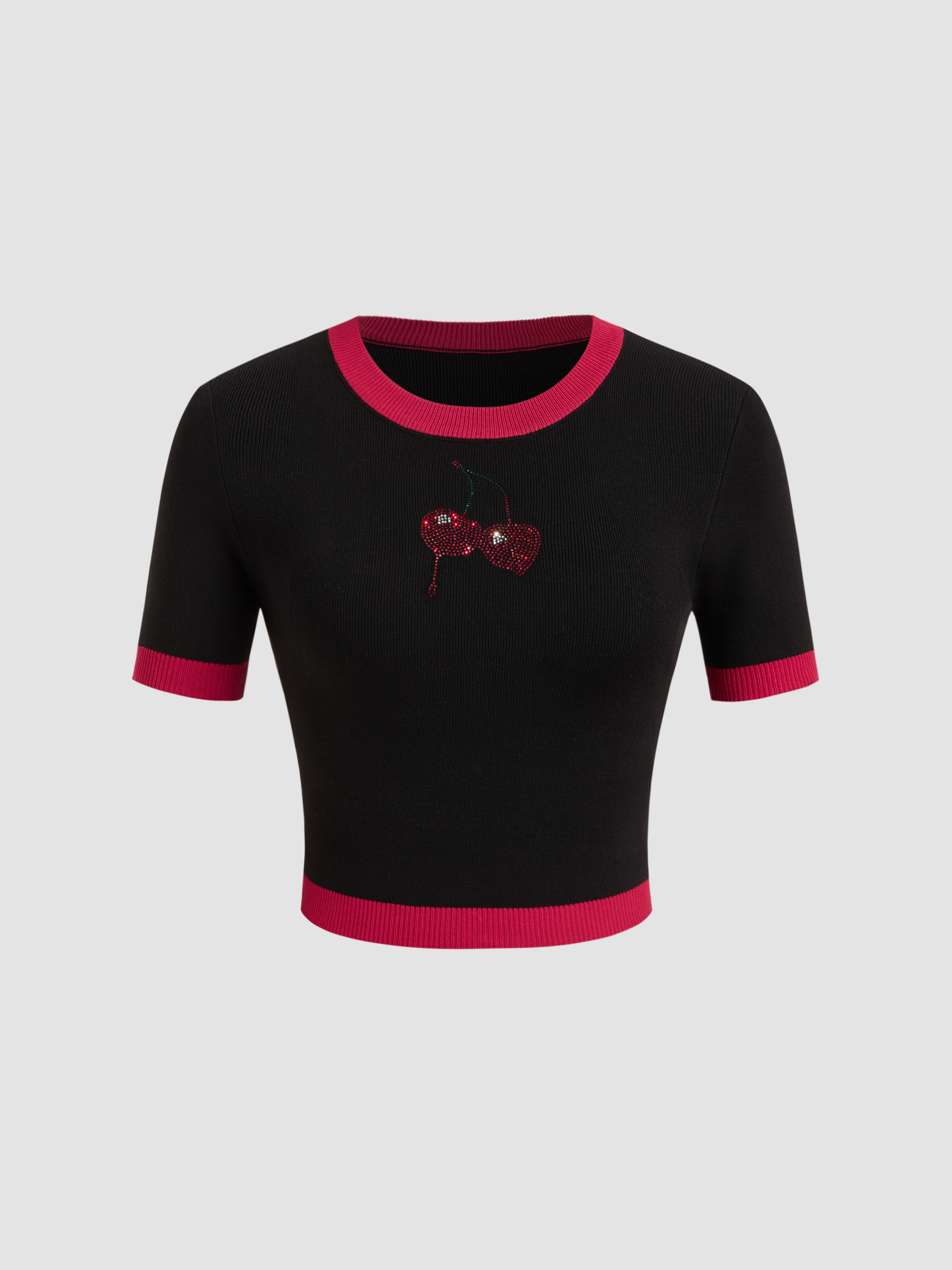 Fruit Print Cherry Girl Knit Fabric Knitted Round Neck Cherry Graphic ...