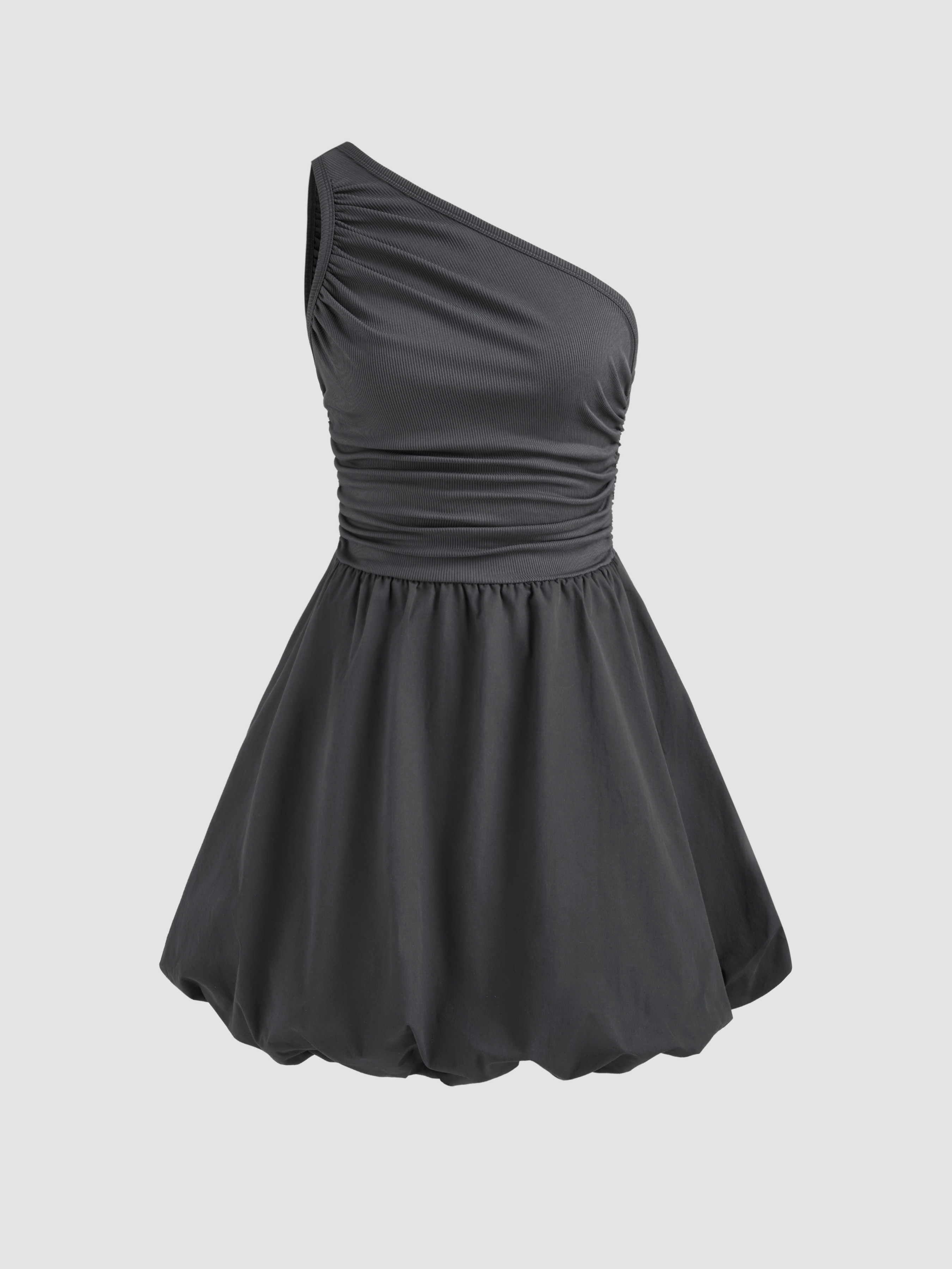 Knit Fabric Asymmetrical Neck Ruched Bubble Hem Mini Dress For Date