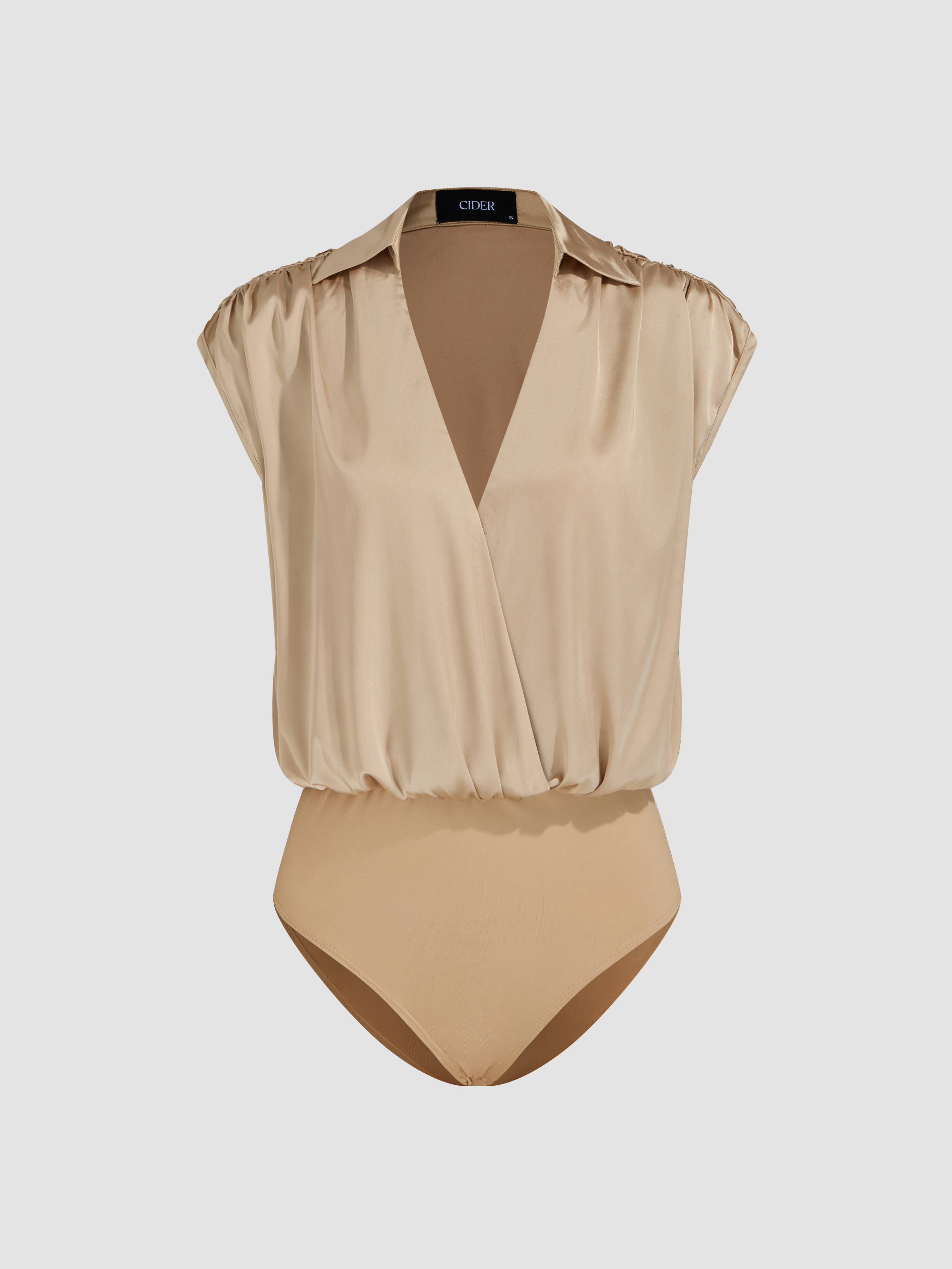 Satin Satin V-neck Solid Ruched Sleeveless Shirt Bodysuit For Work
