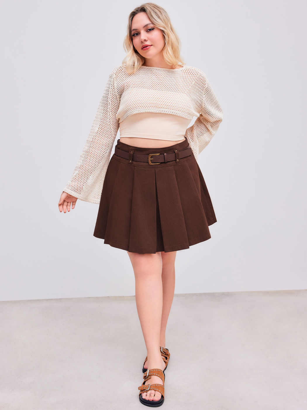 Woven Mid Rise Pleated Skort With Belt Curve & Plus For School Daily Casual