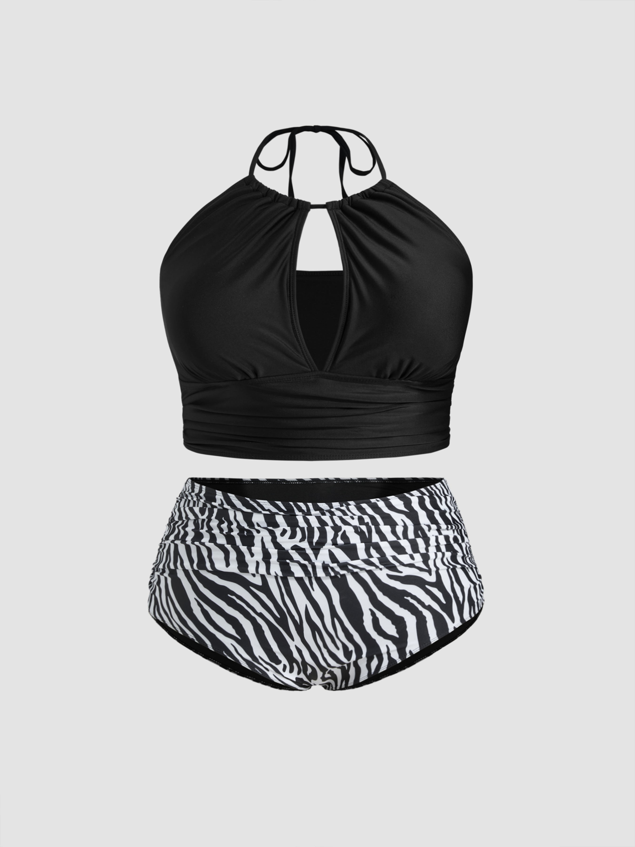 Knit Fabric Zebra Stripe Halter Ruched Cheeky Tankini Swimsuit Curve ...