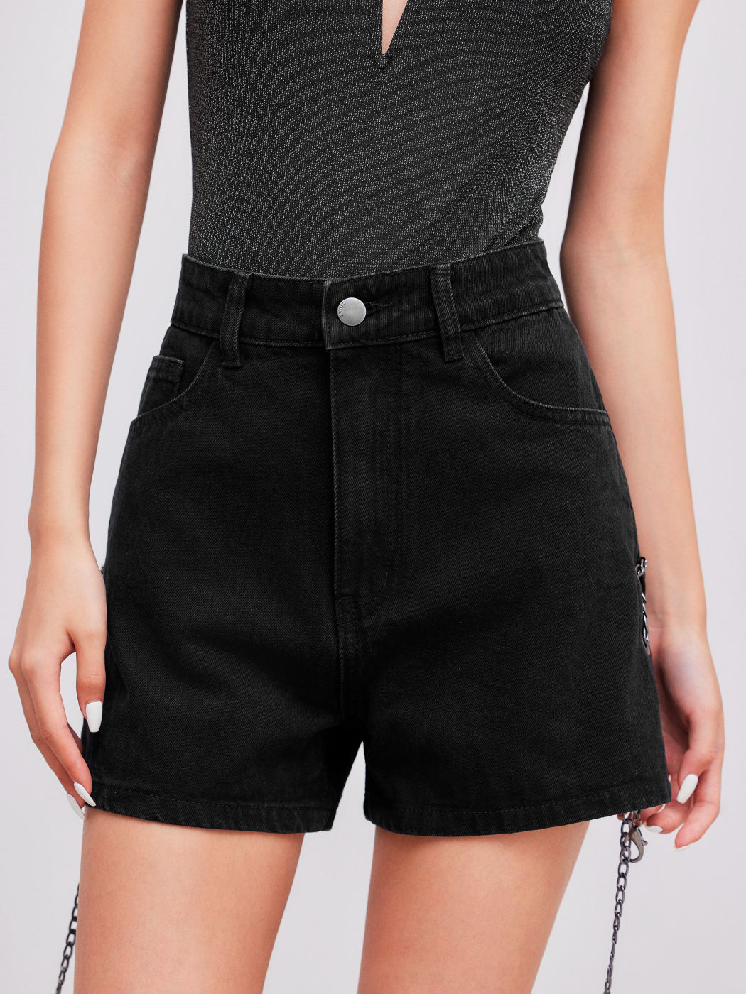Cider Denim Mid Rise Solid Chain Lace Up Straight Leg Shorts - Cider