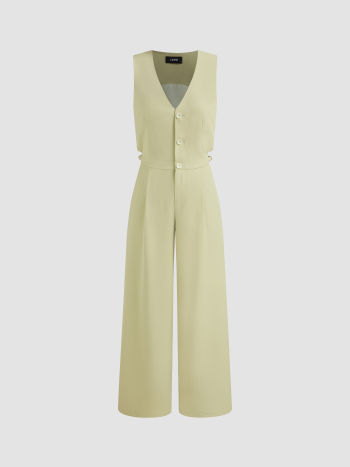 Woven Woven V-neck Solid Pocket Cut Out Vest Jumpsuit For Work