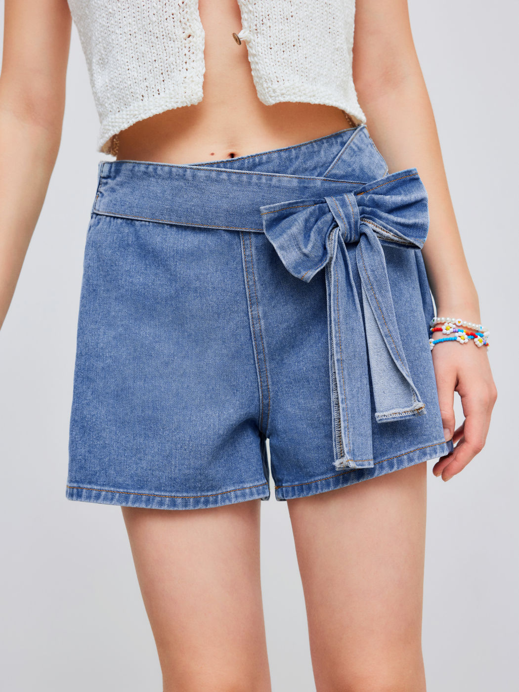 Denim Mid Rise Solid Bowknot Wide Leg Shorts For School Daily Casual