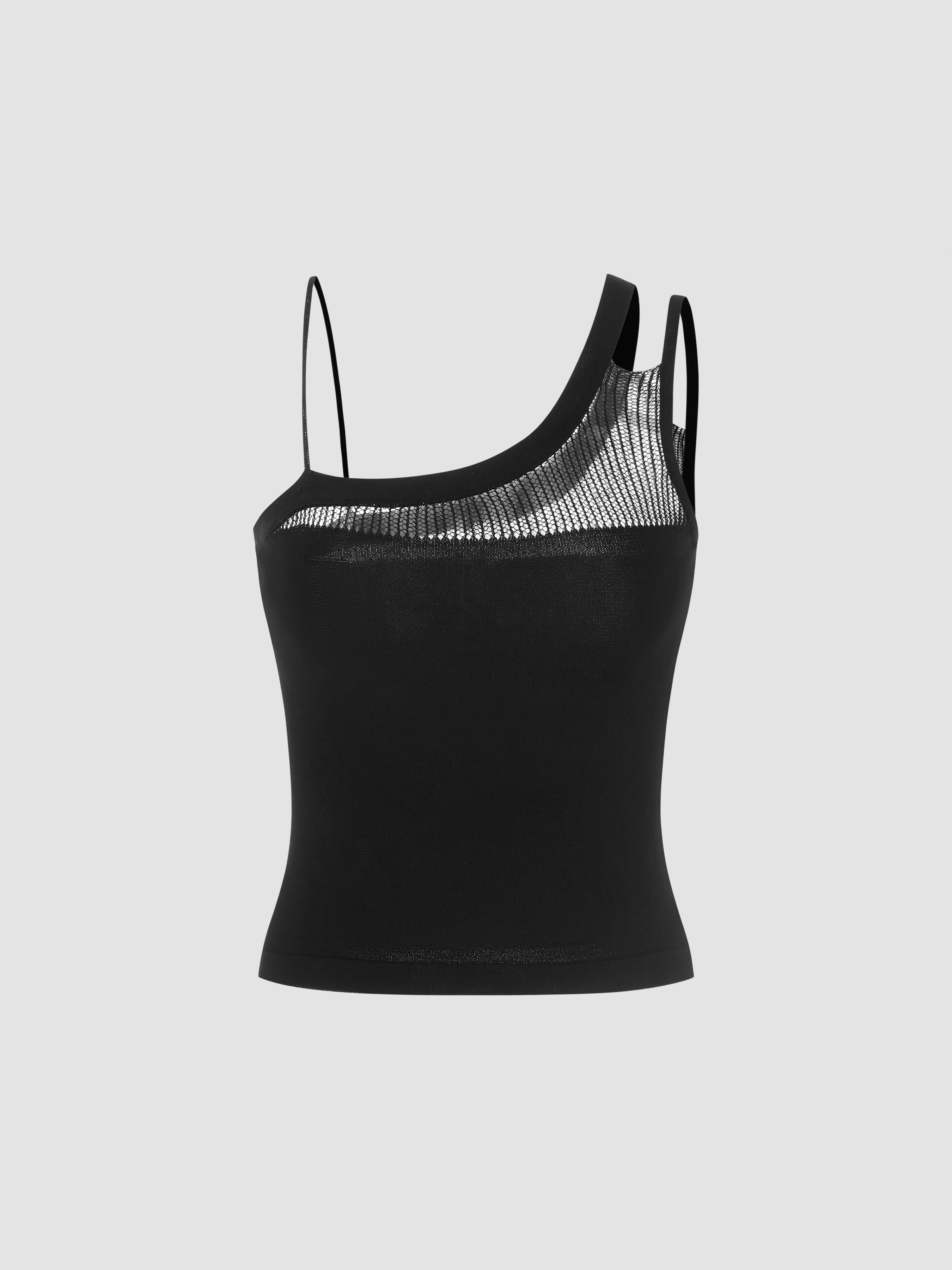 Knit Fabric Asymmetrical Neck See-through Solid Crop Top For Music ...
