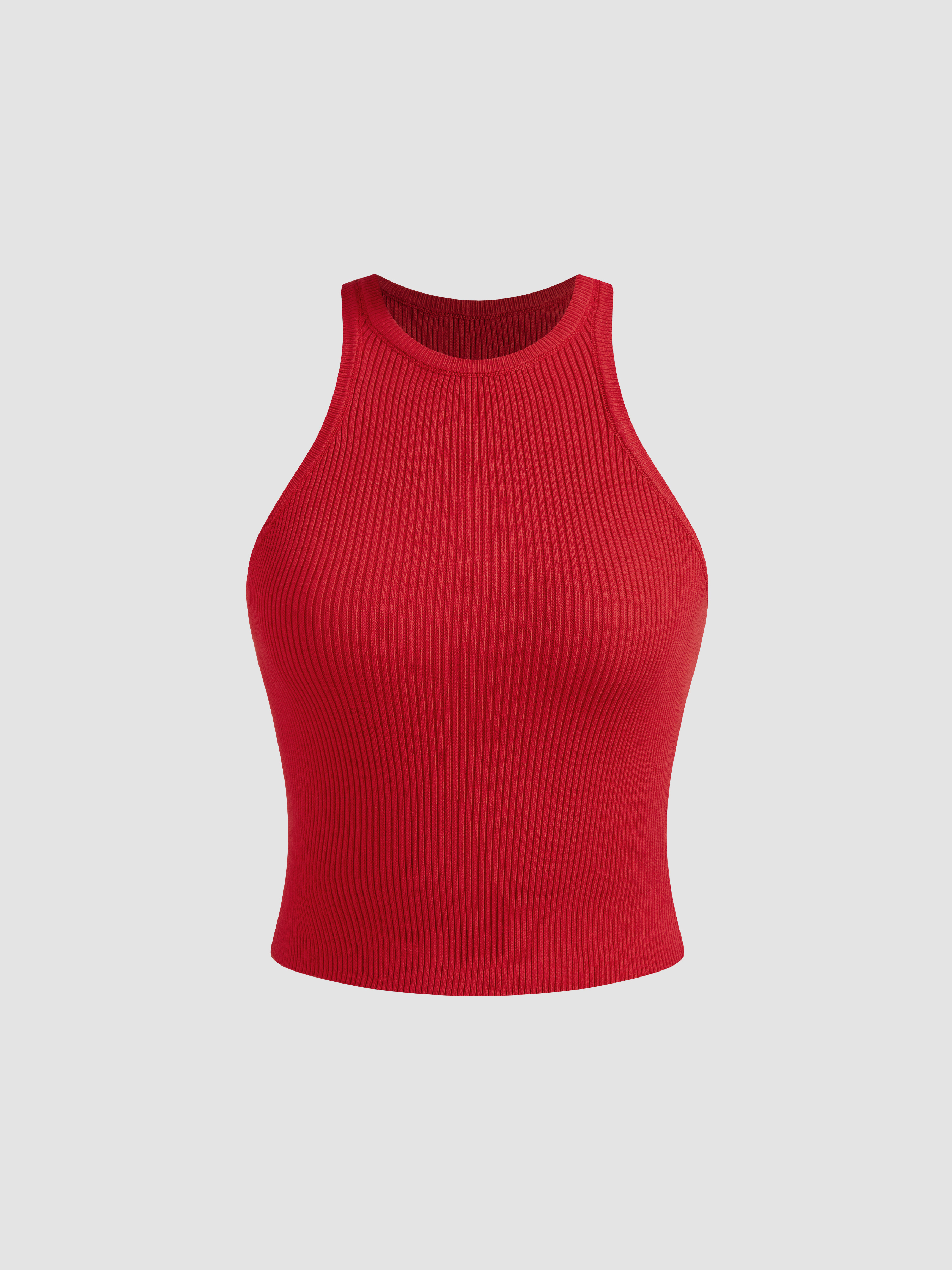 Knit Round Neckline Solid Crop Tank Top For Daily Casual