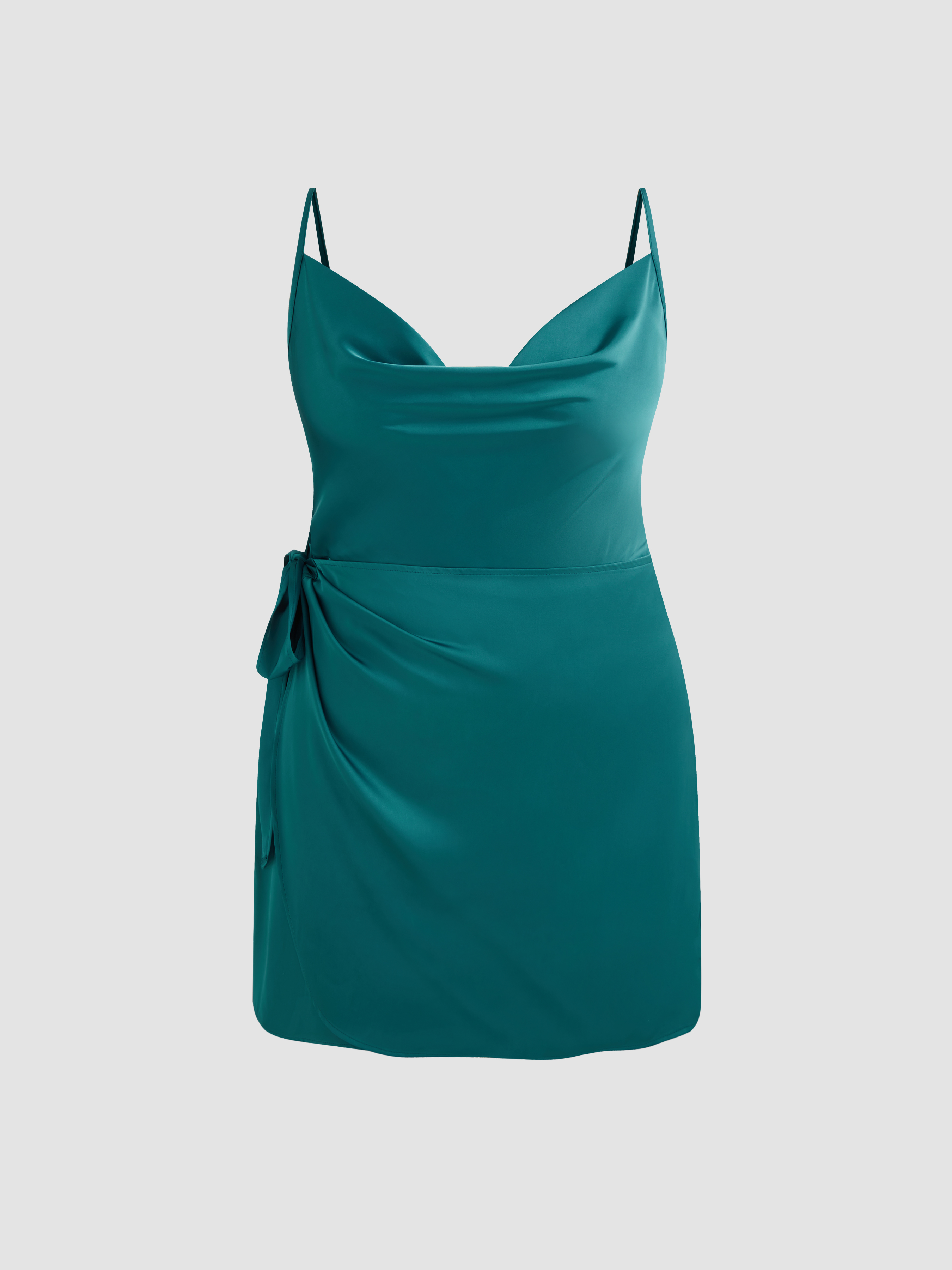 Satin Cowl Neck Solid Knotted Zipper Mini Dress Curve & Plus For Date