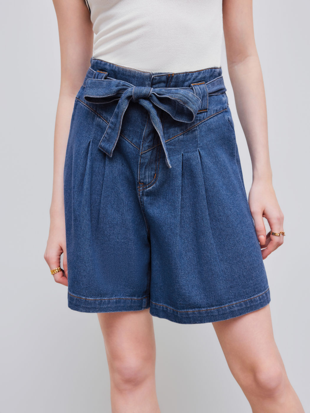 Denim High Rise Solid Bowknot Wide Leg Shorts For School Work