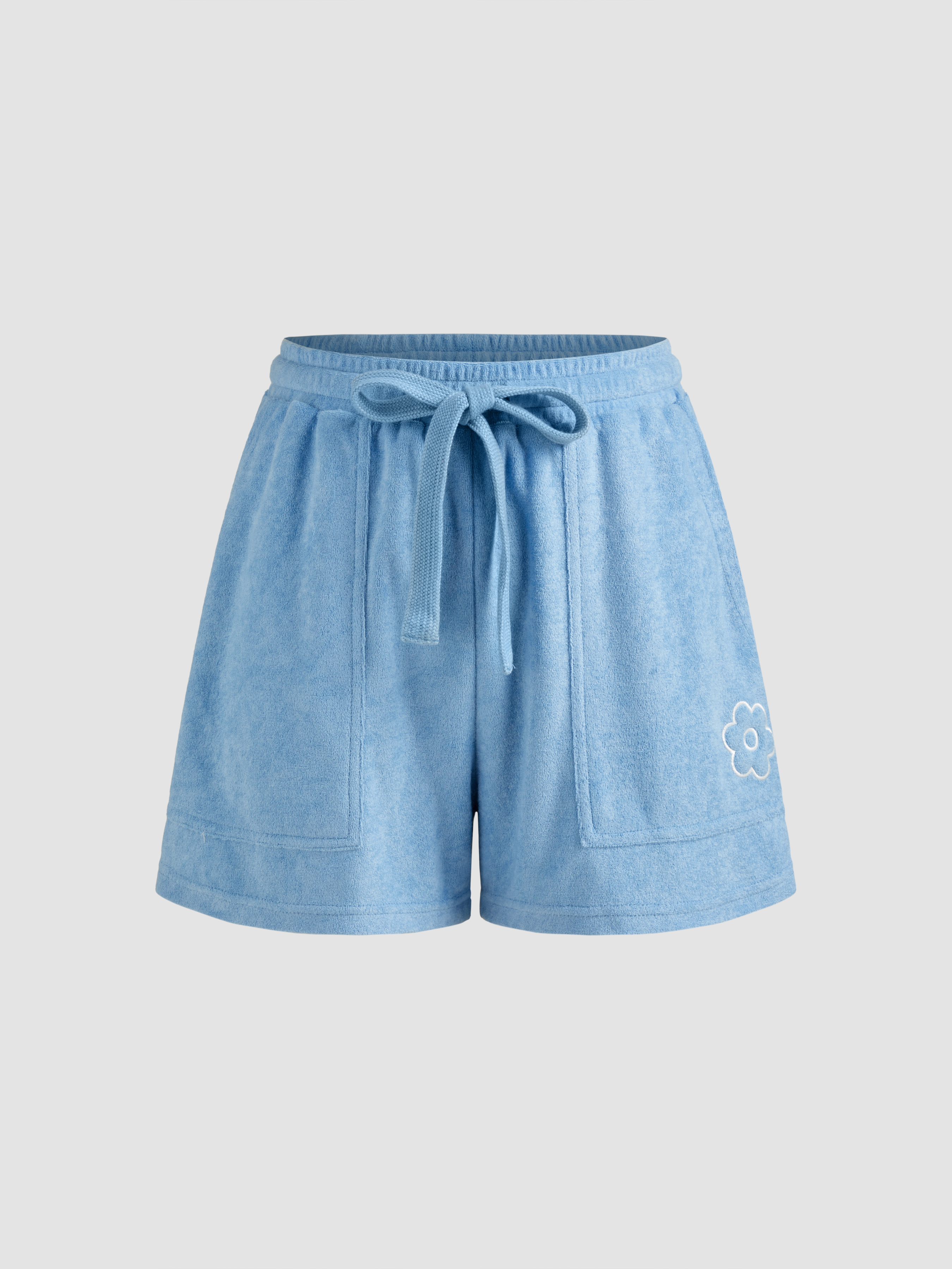 Terry Mid Rise Solid Floral Embroidered Pocket Shorts For Daily Casual