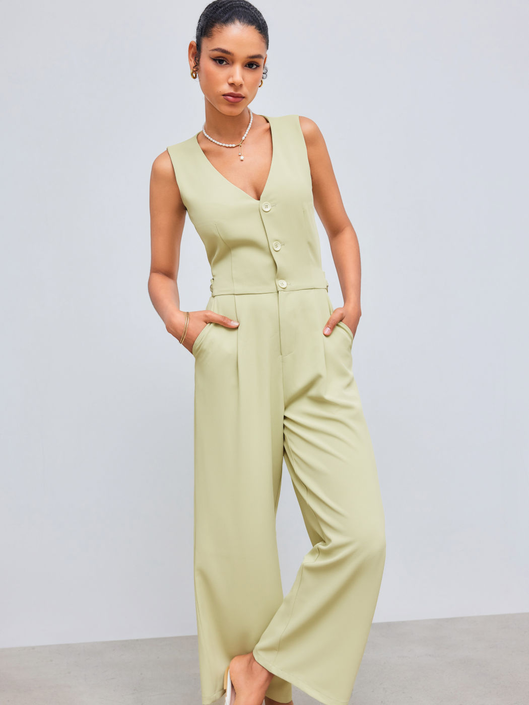 Woven V-neck Solid Pocket Cut Out Vest Jumpsuit For Work