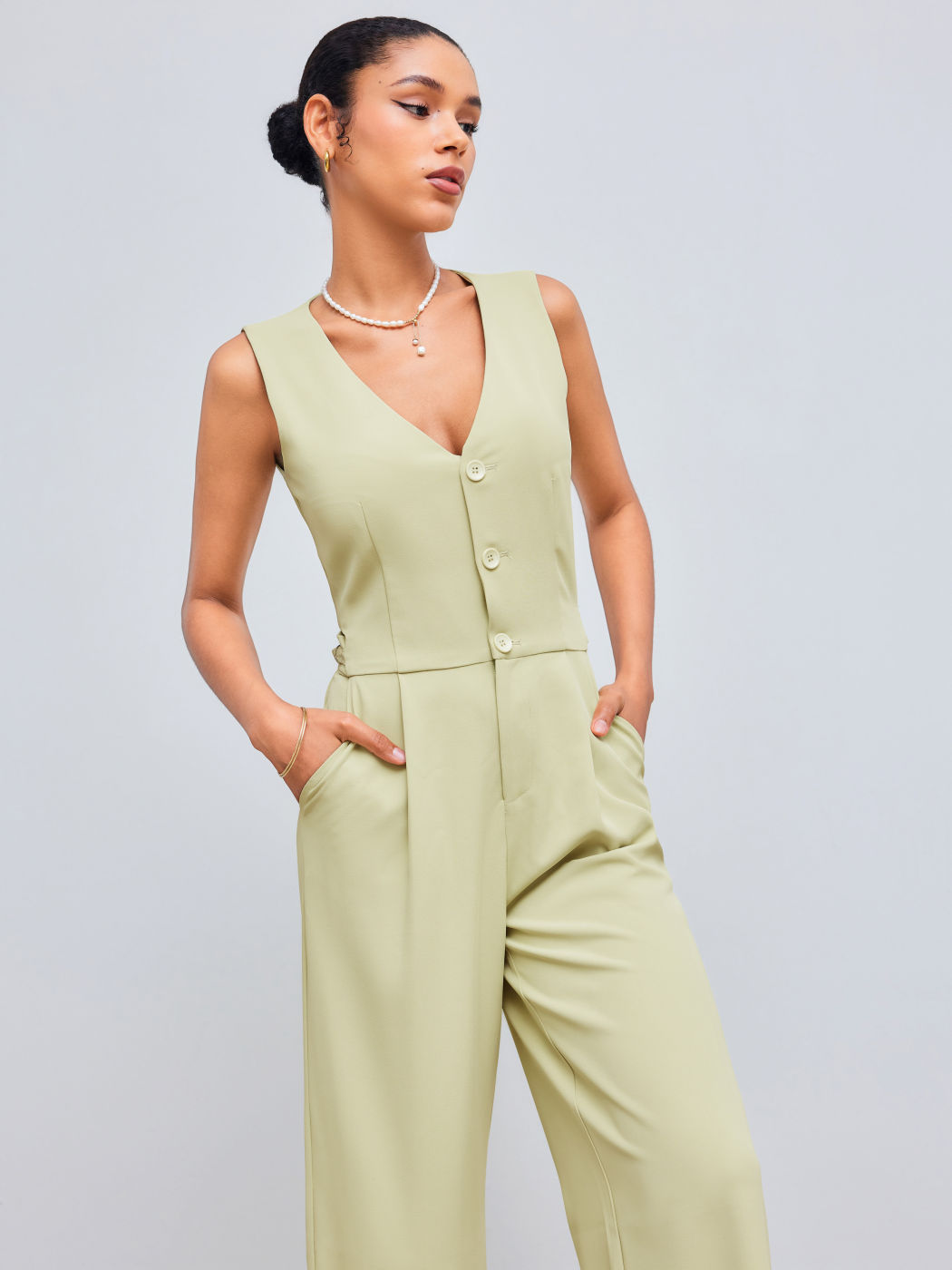 Woven V-neck Solid Pocket Cut Out Vest Jumpsuit For Work