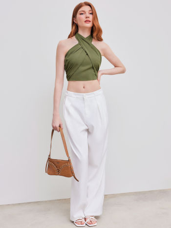 Halter Tops Cross Halter Shirred Back Crop Top For Date