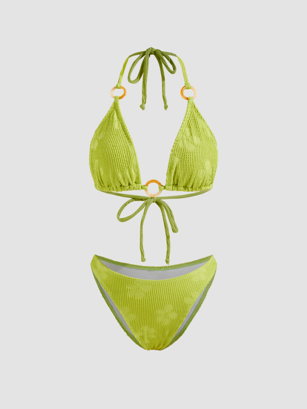 Halter Solid Texture Ring Linked Triangle Cheeky Bikini Swimsuit For ...