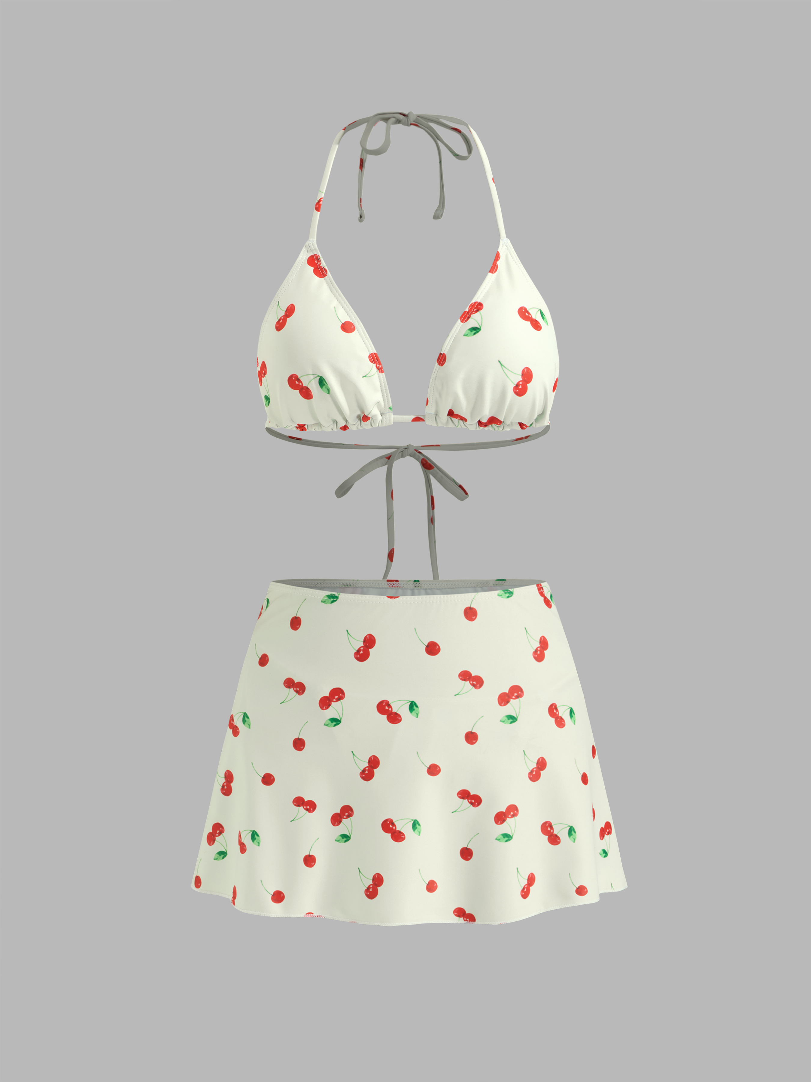 Knit Fabric Halter Cherry Triangle Cheeky Bikini Set With Cover Up Skirt