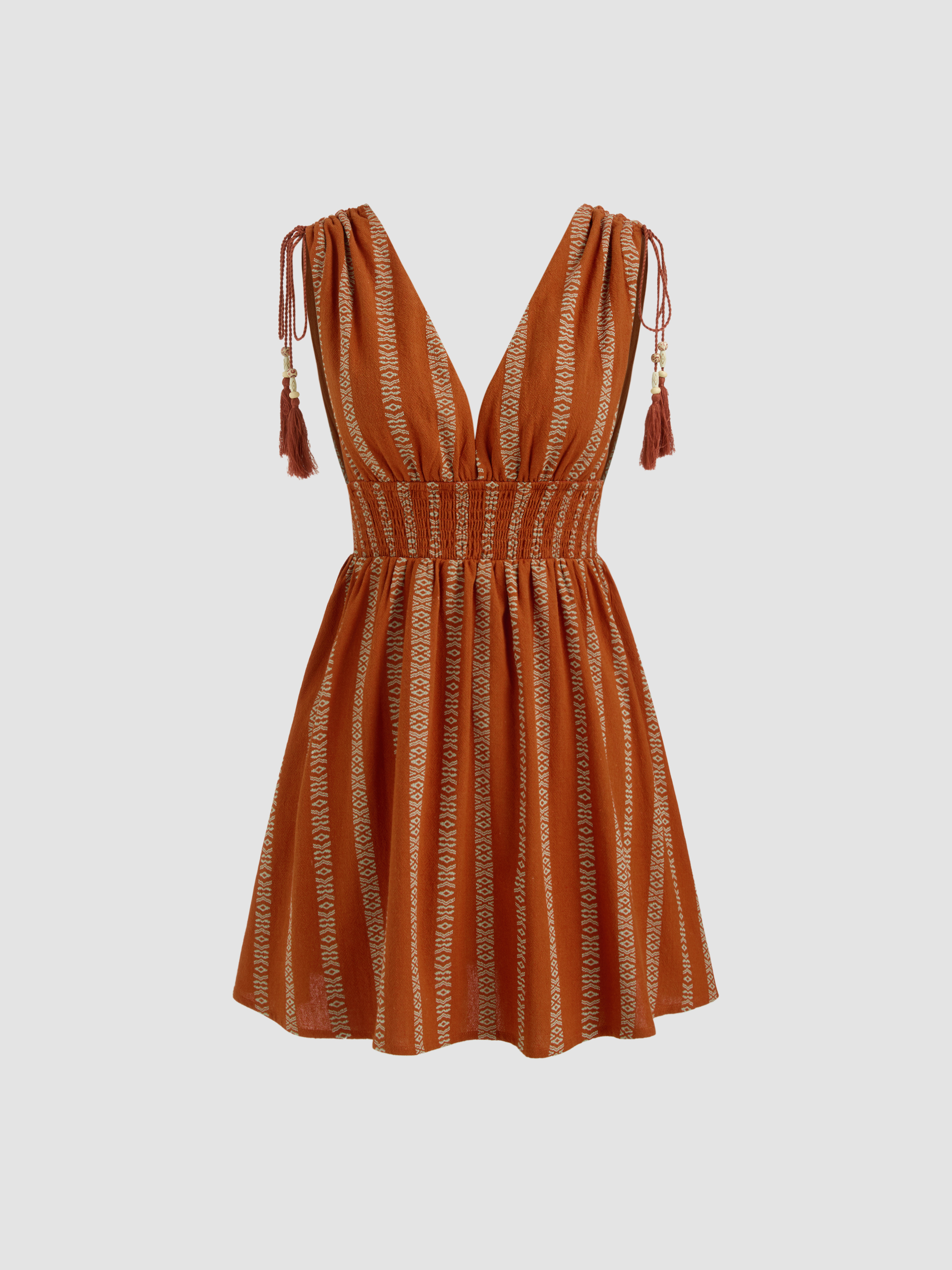 Woven V-neck Boho Tassel Drawstring Shirred Mini Dress For Vacation