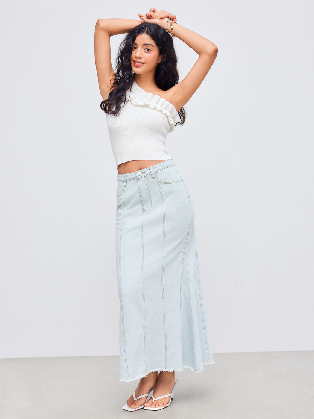 Cider Denim Mid Rise Solid Split Mermaid Maxi Skirt For Date