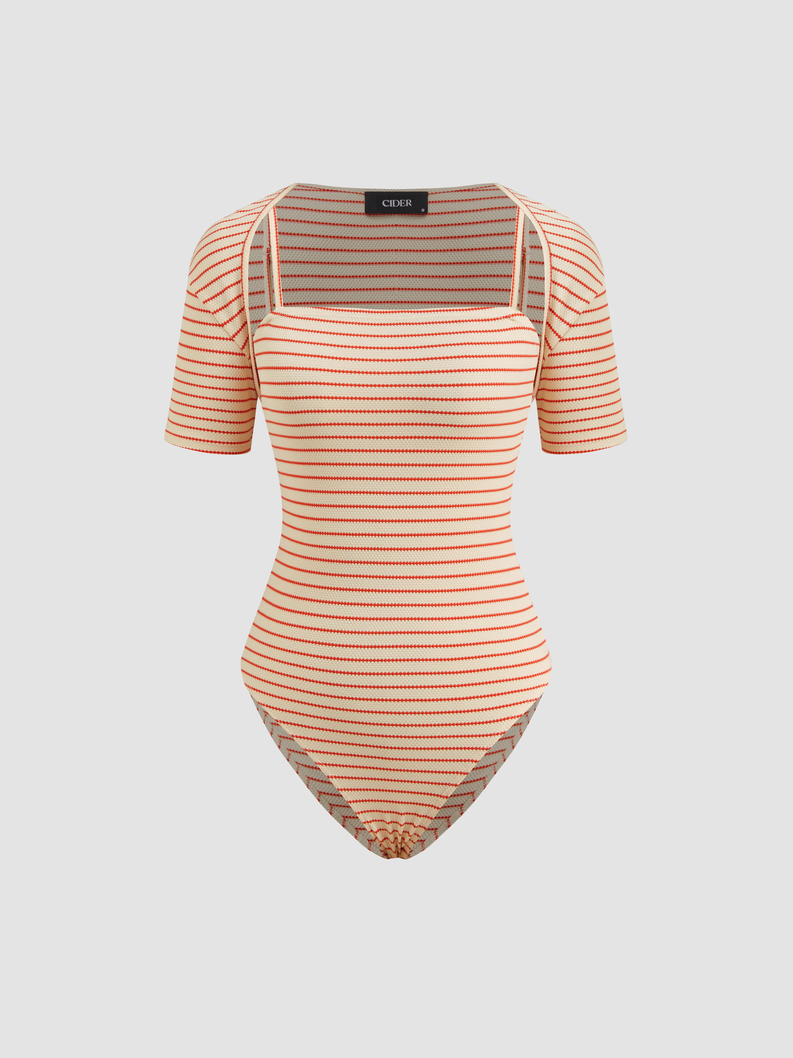 Square Neck Striped Bodysuit With Short Sleeve Shrug For Daily Casual