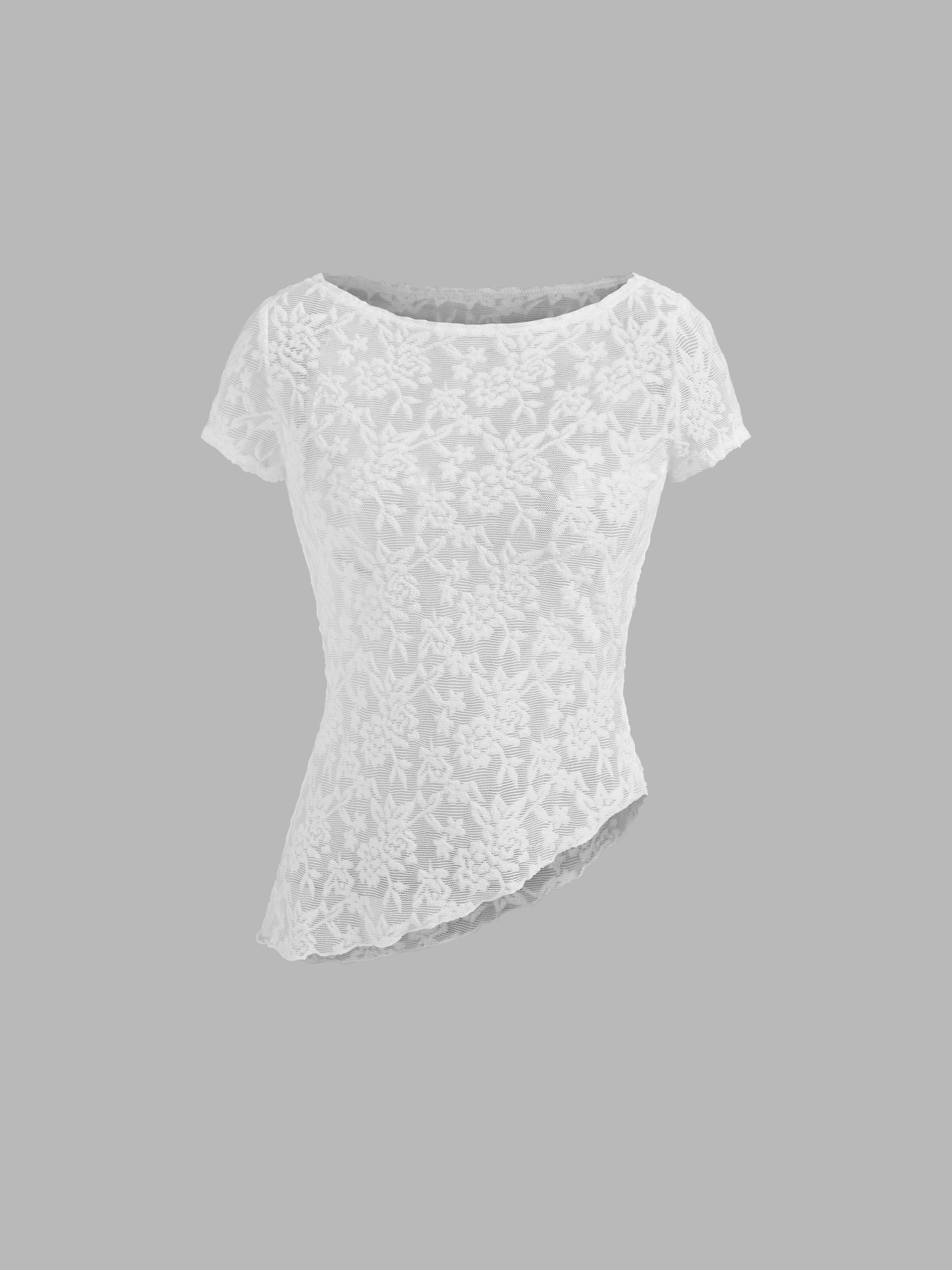 Lace Knit Fabric Round Neckline Asymmetrical Hem See Through Lace Short