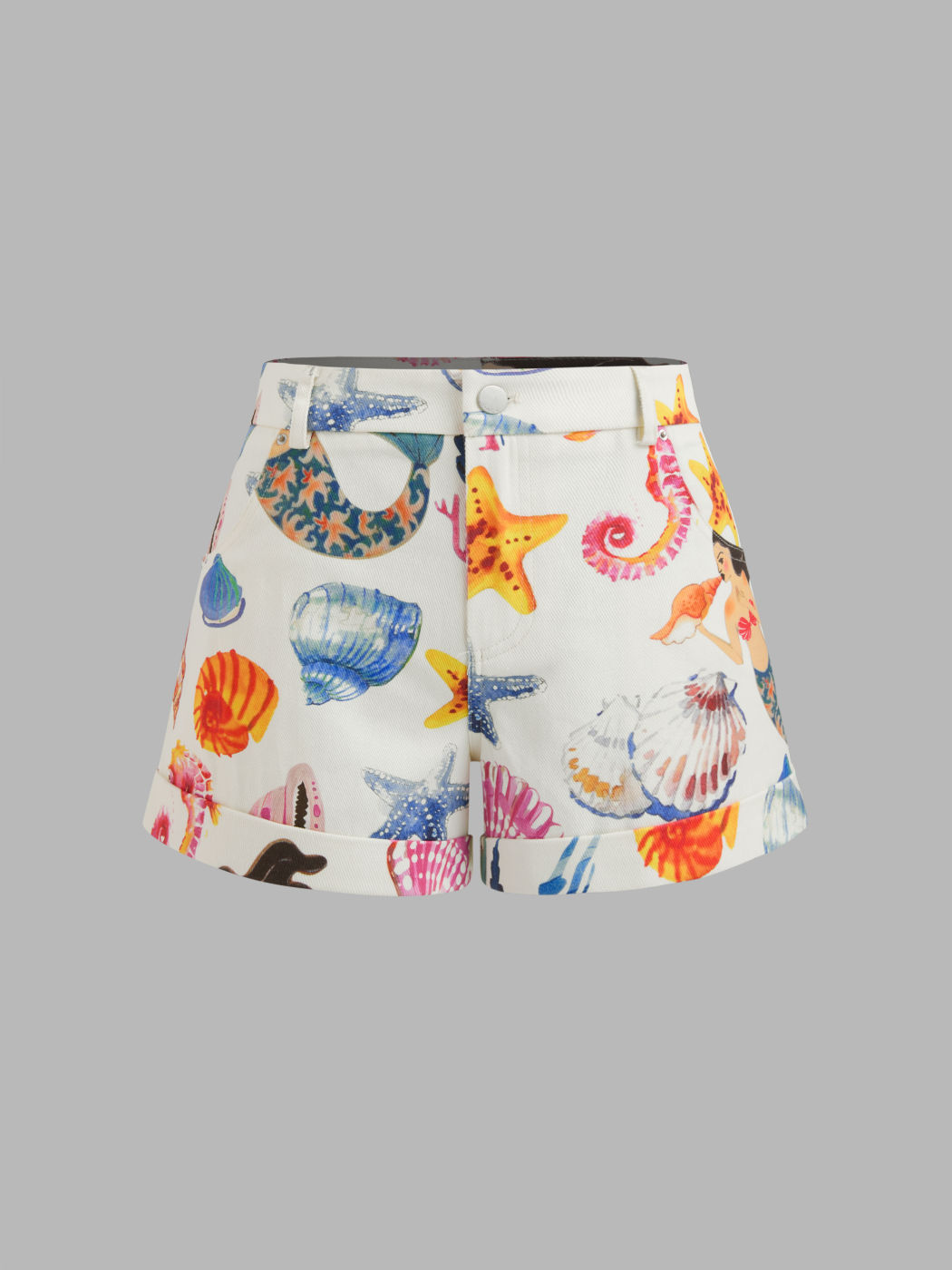 Low Rise Shell & Mermaid Graphic Pocket Shorts For Daily Casual