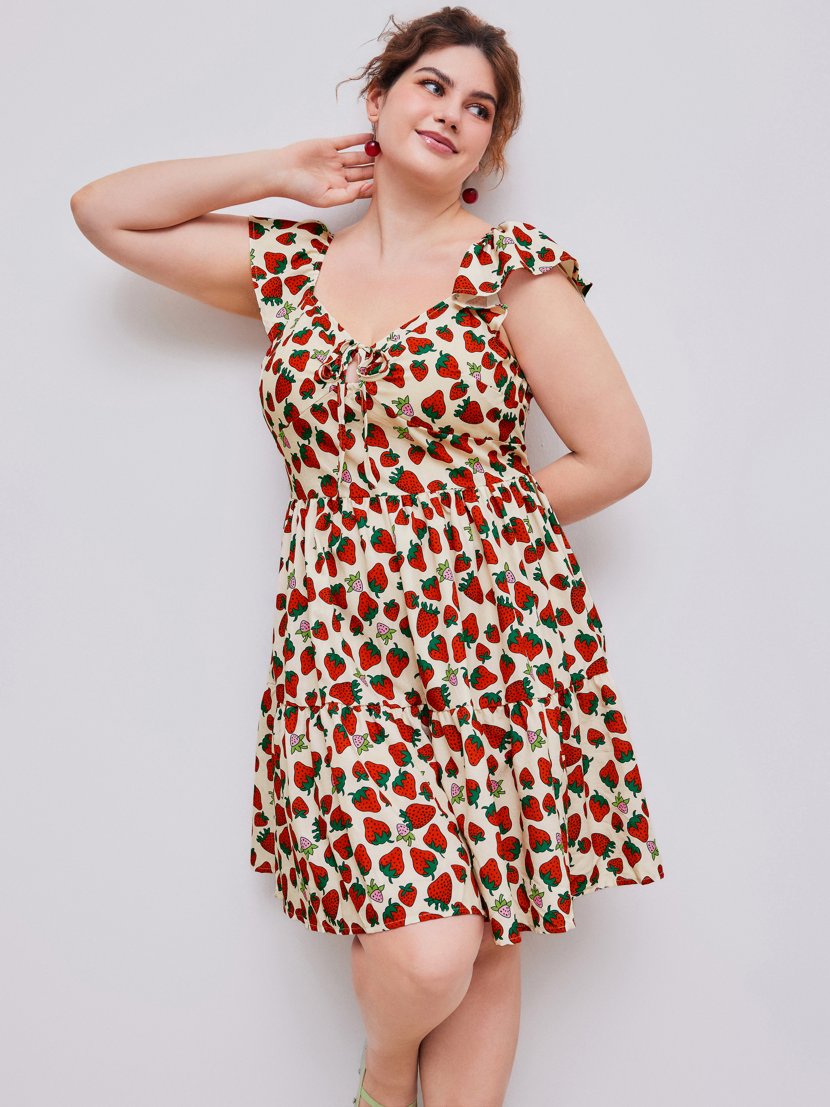 Woven Strawberry Graphic Knotted Ruffle Tiered Mini Dress Curve Plus