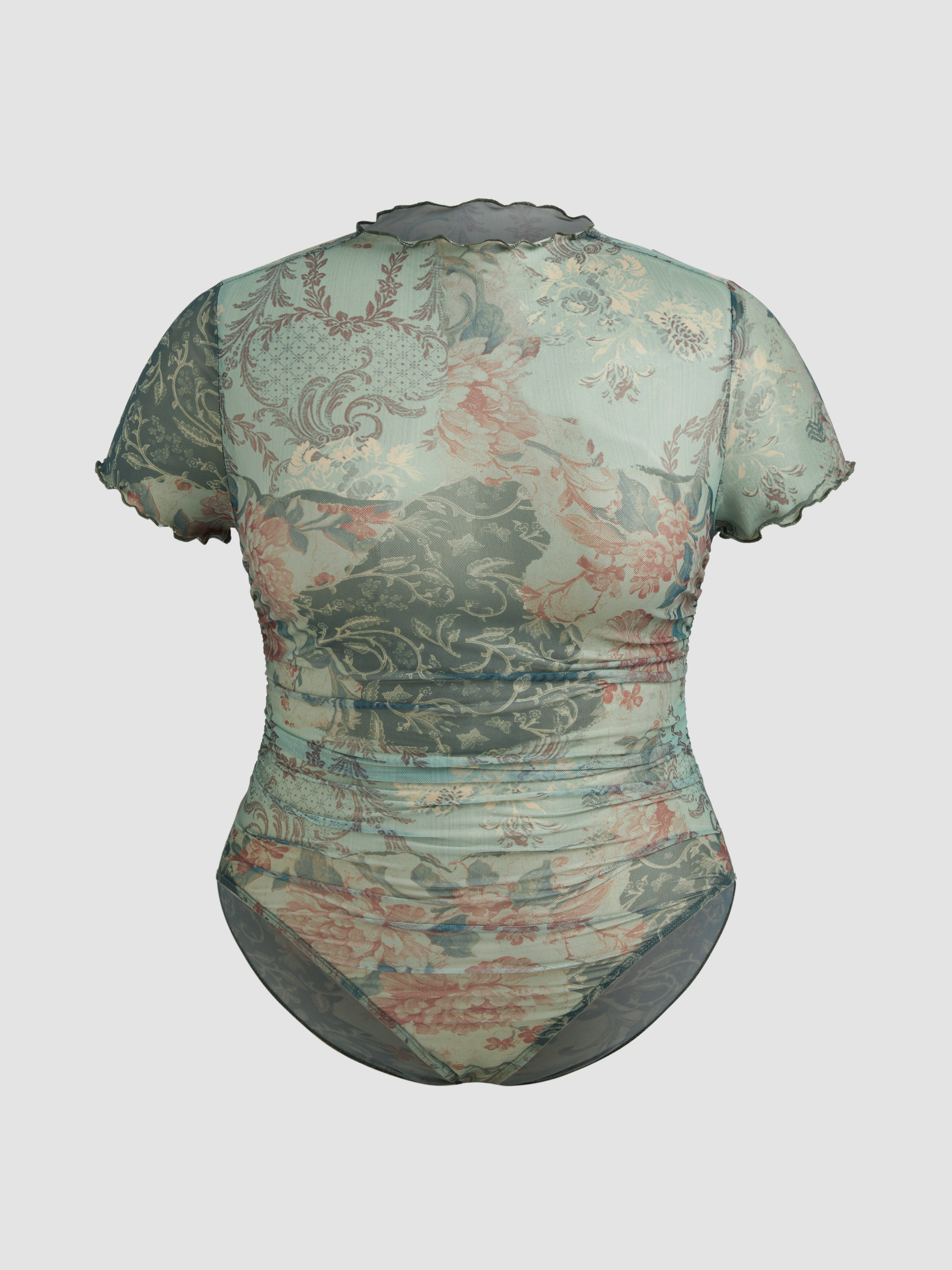 Knit Fabric Round Neckline Floral Lettuce Trim Ruched Bodysuit Curve ...