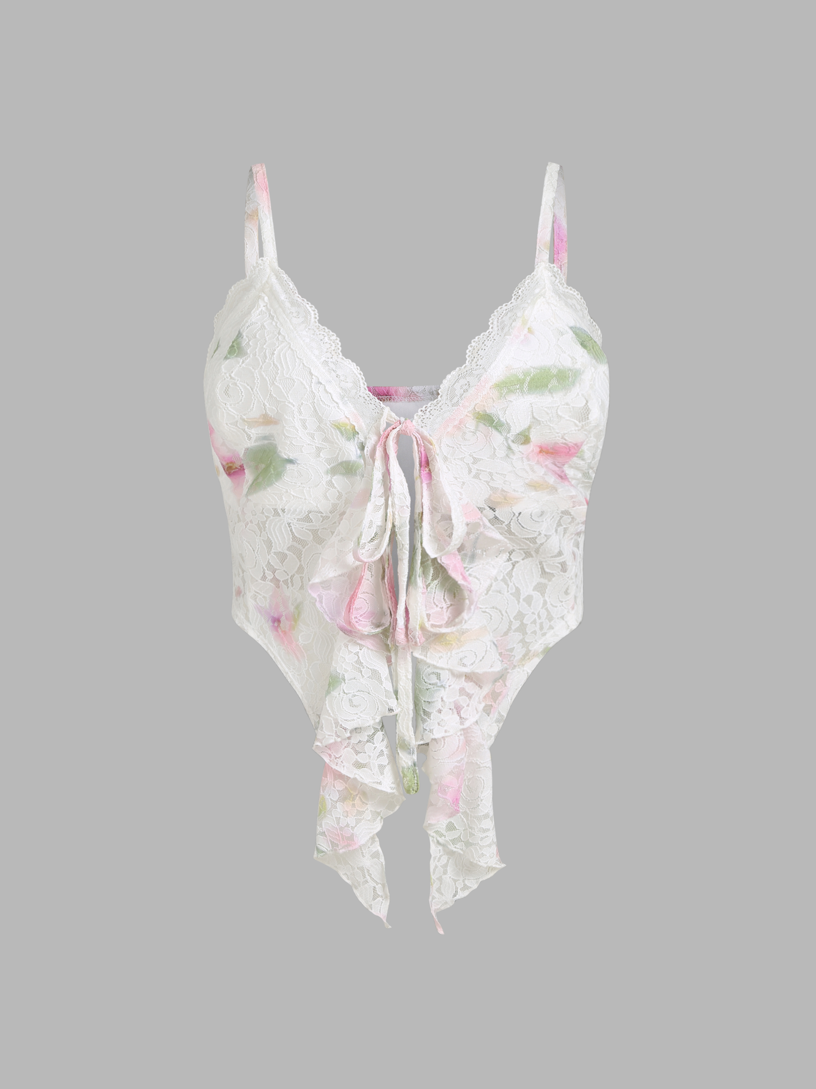 Lace V-neck Floral Ruffle Cami Top Curve & Plus For Date