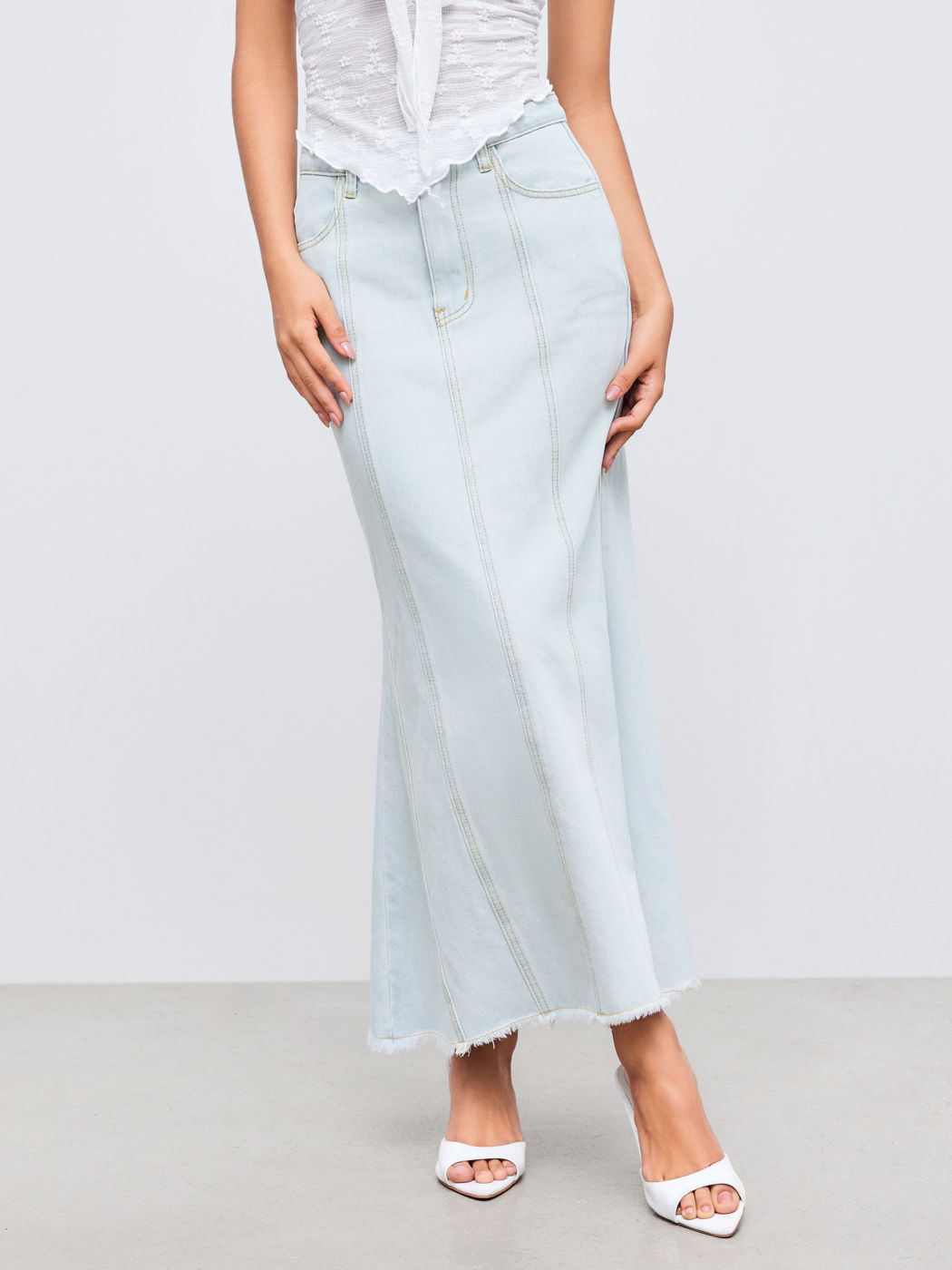 Cider Denim Mid Rise Solid Split Mermaid Maxi Skirt For Date