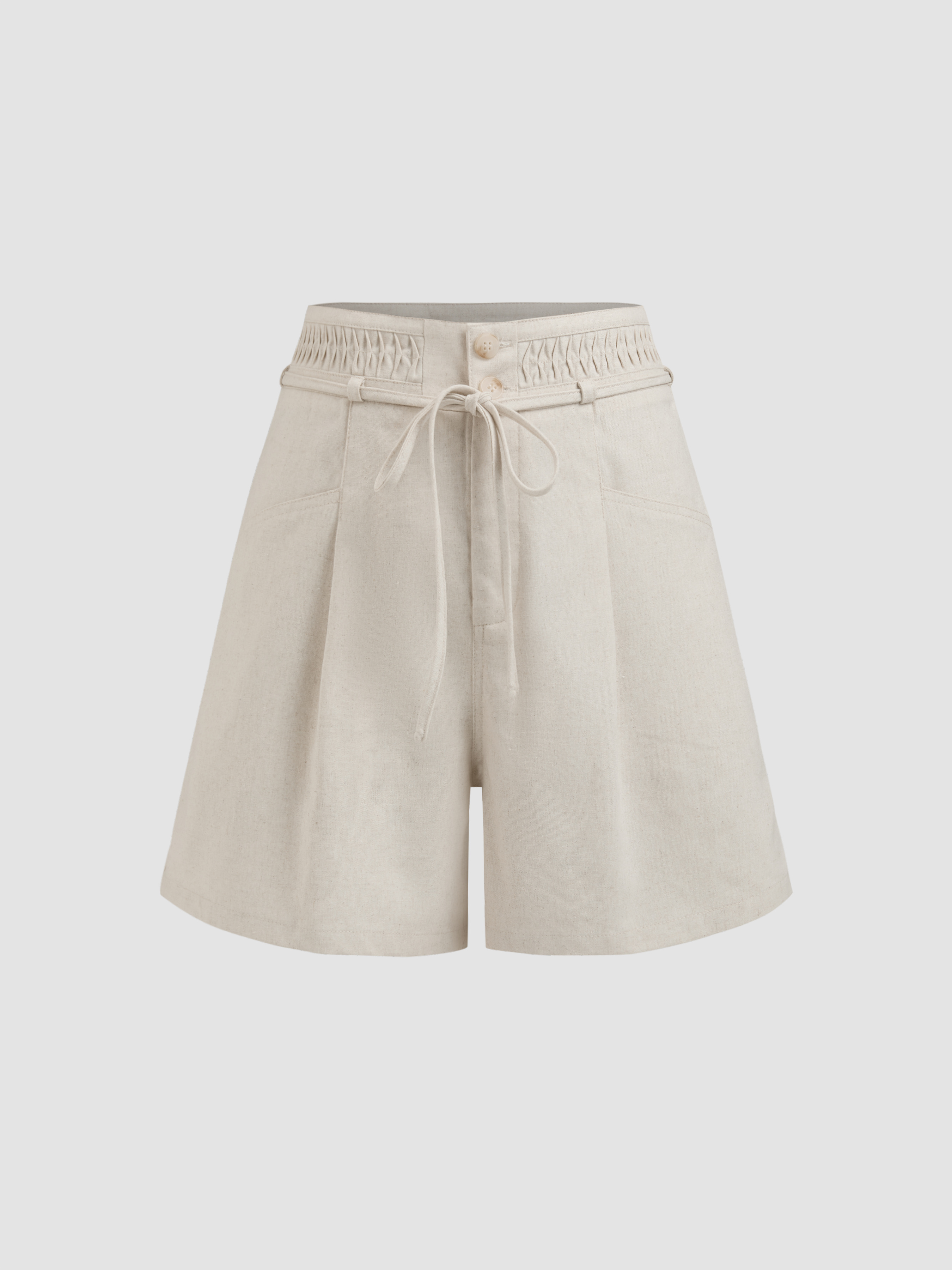 Linen-blend Mid Rise Solid Knotted Shorts For Daily Casual