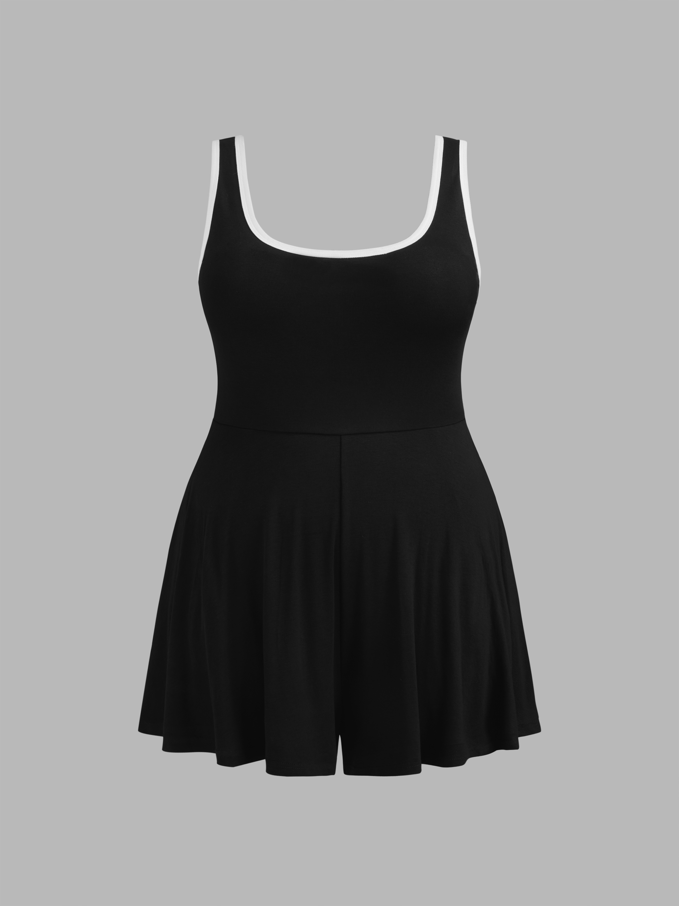 Knit Fabric U-neckline Contrasting Binding Solid Pocket Romper Curve & Plus For Daily Casual ...