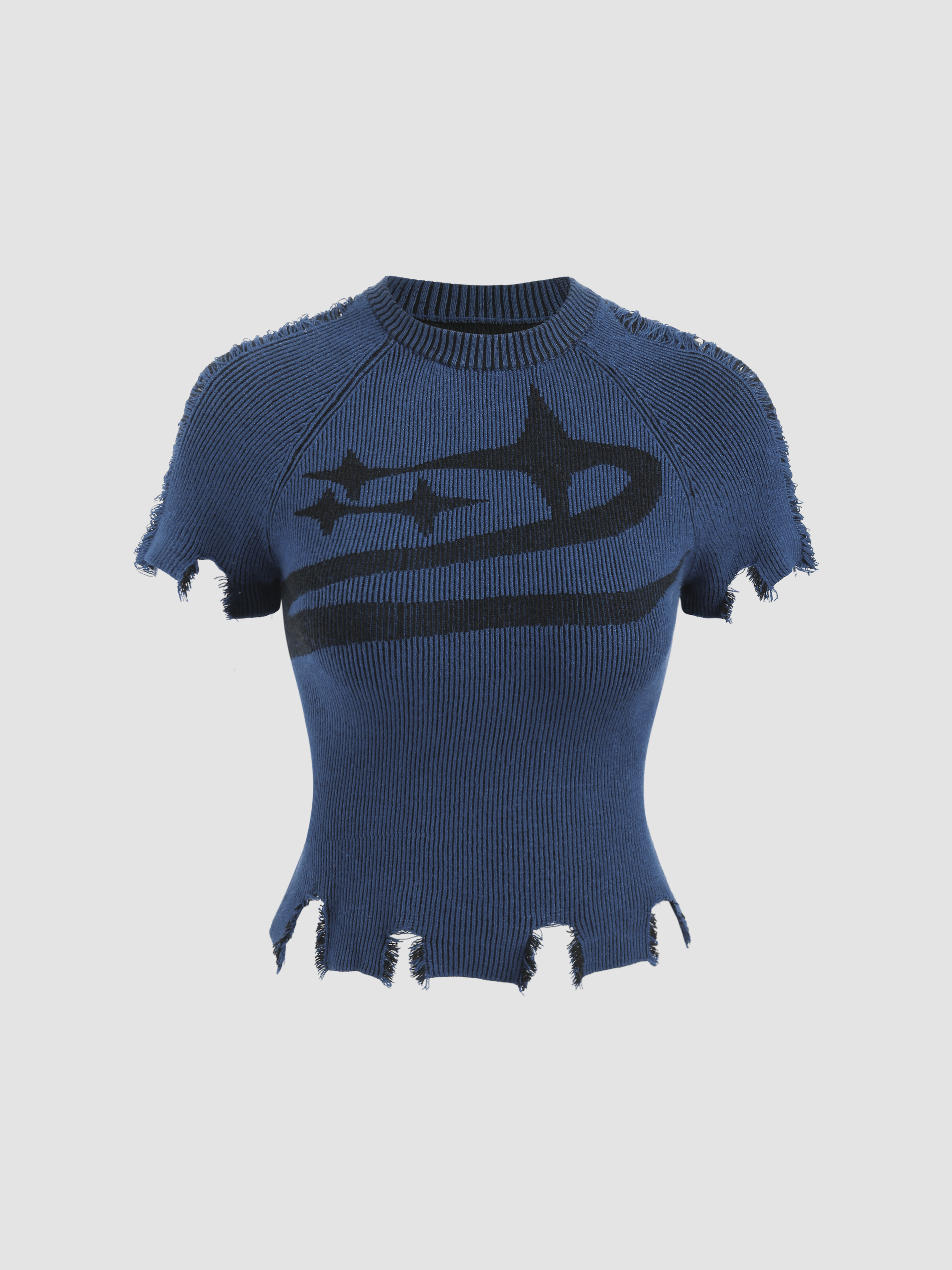 Round Neckline Graphic Star Ripped Knitted Short Sleeve Top For School ...