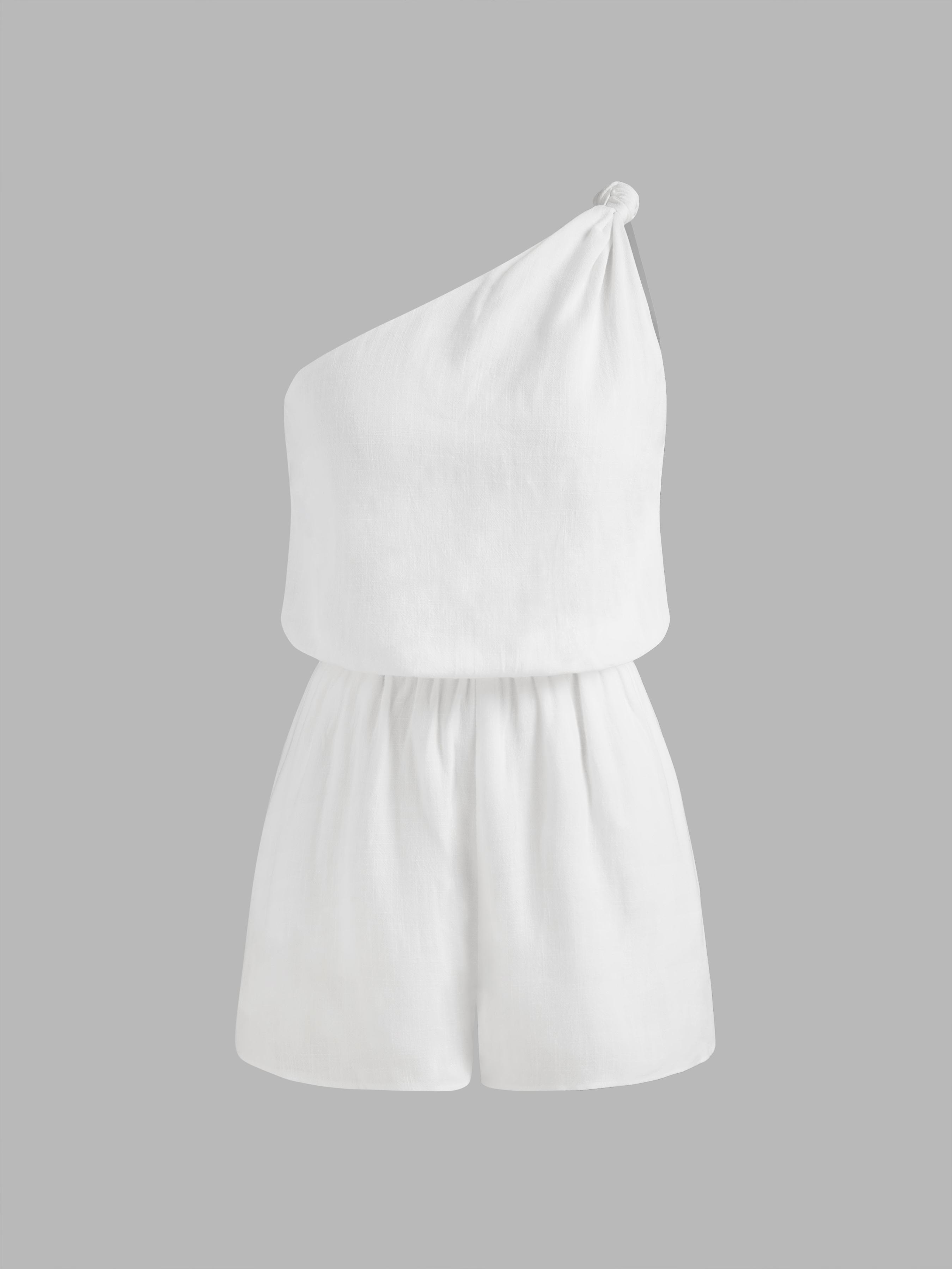 Linen-blend Linen-blend Asymmetrical Neck Solid Twist Pocket Romper For Daily Casual