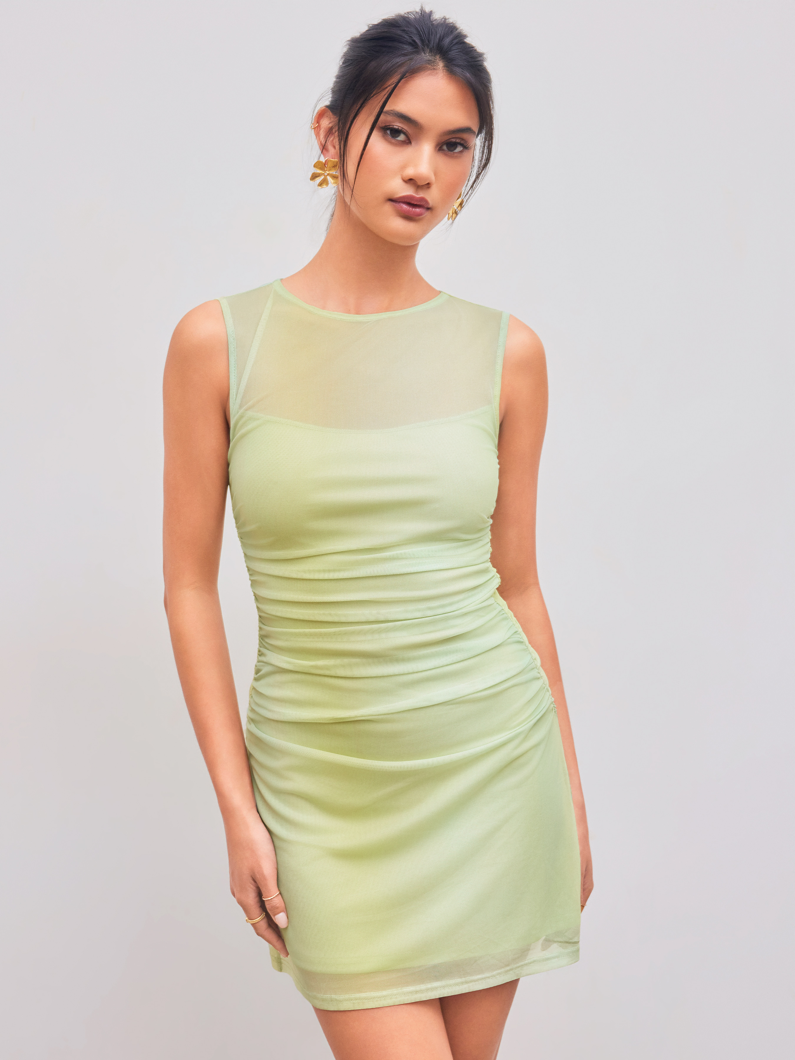 Green Dress Mesh Mesh Round Neckline Gradient Ruched Mini Dress For ...