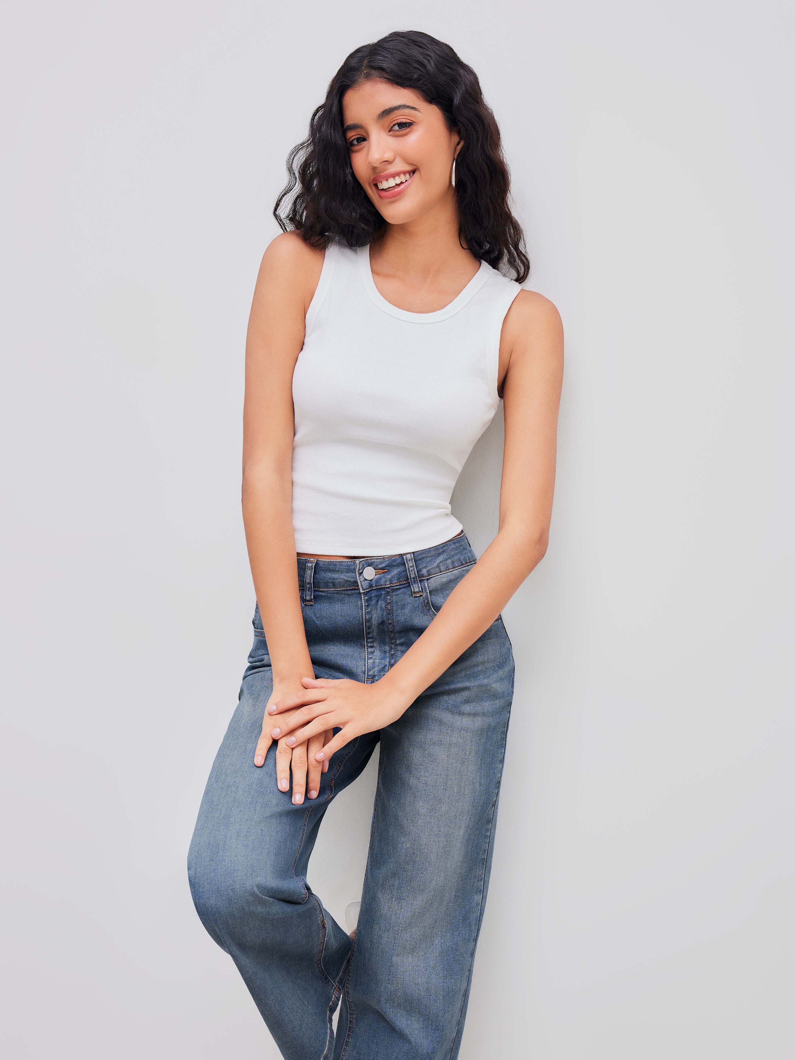 Knit Fabric Cotton Cotton-blend Round Neckline Solid Tank Top For Daily ...