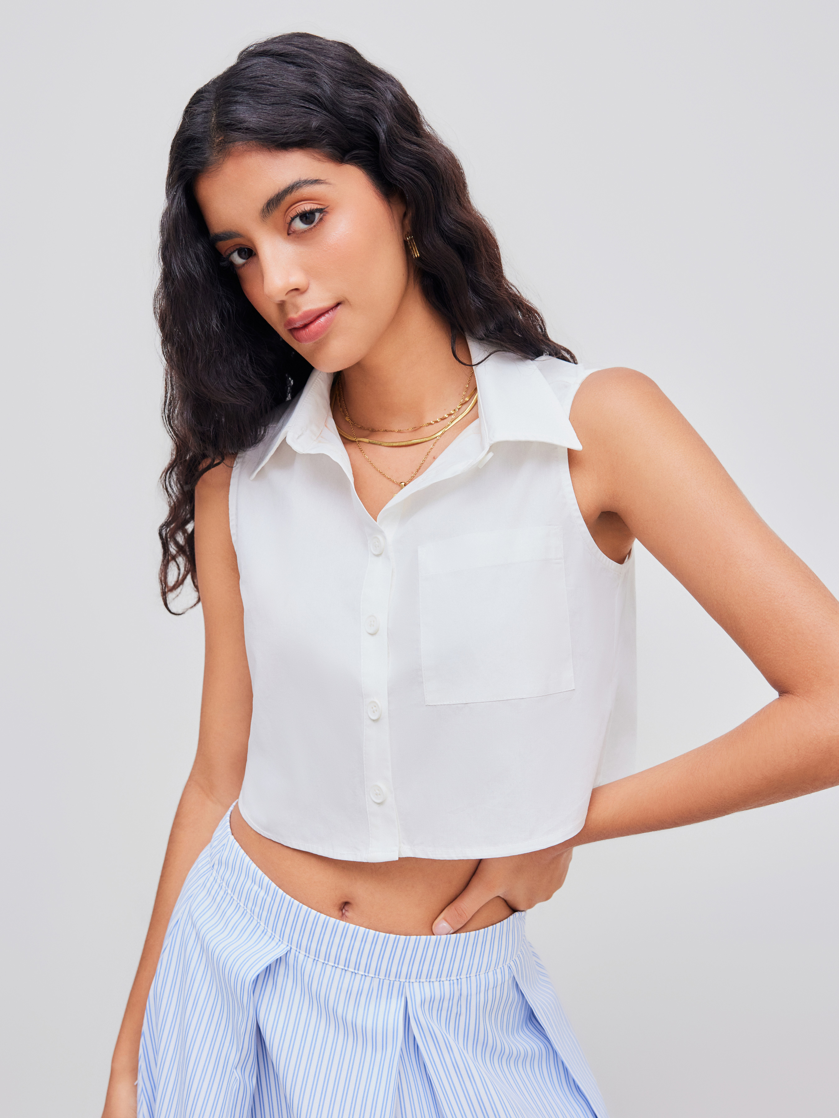 Woven Cotton 100% Cotton Collar Solid Crop Tank Top For Daily Casual