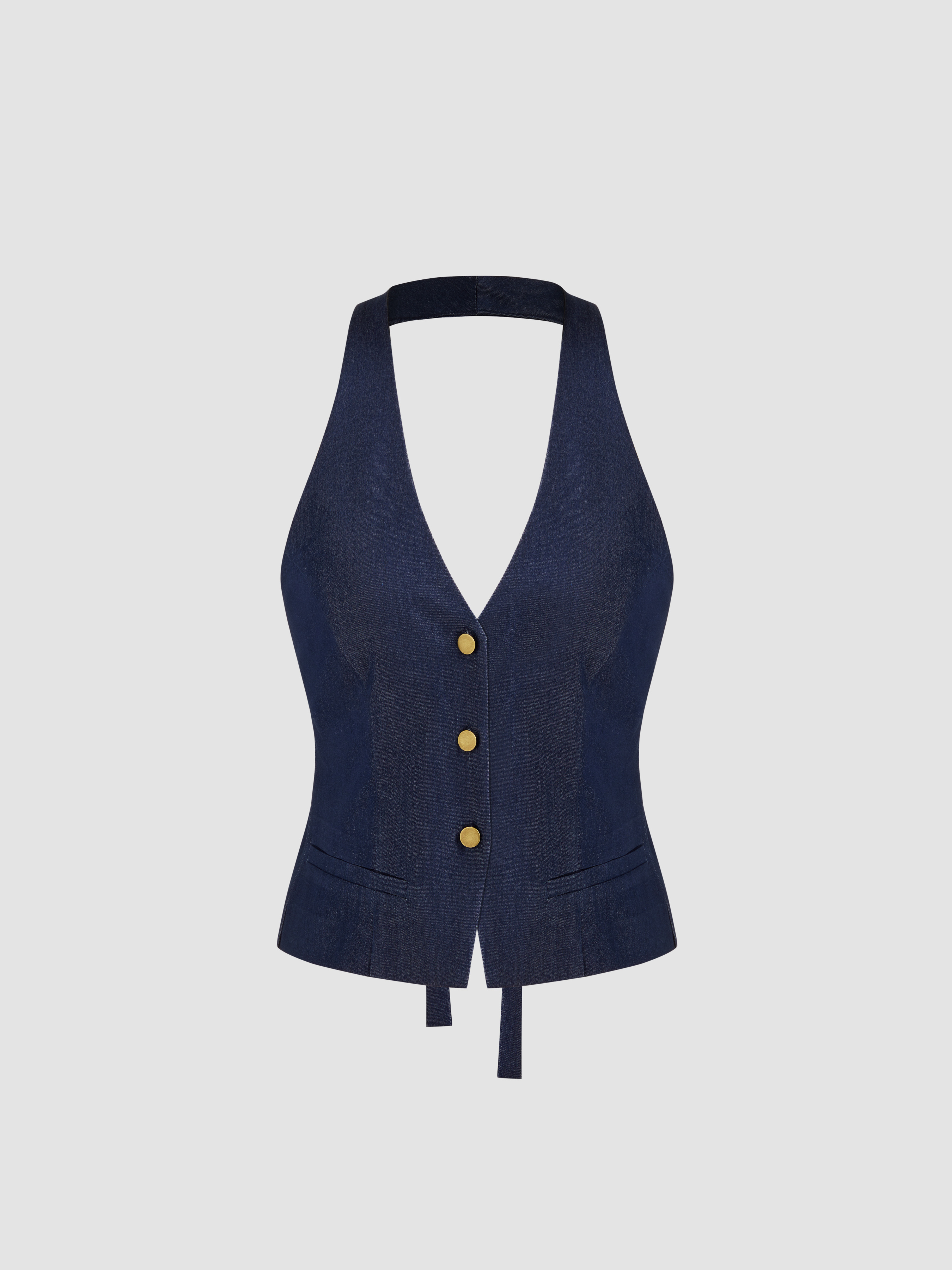 Woven Halter Solid Knotted Button Vest For Work