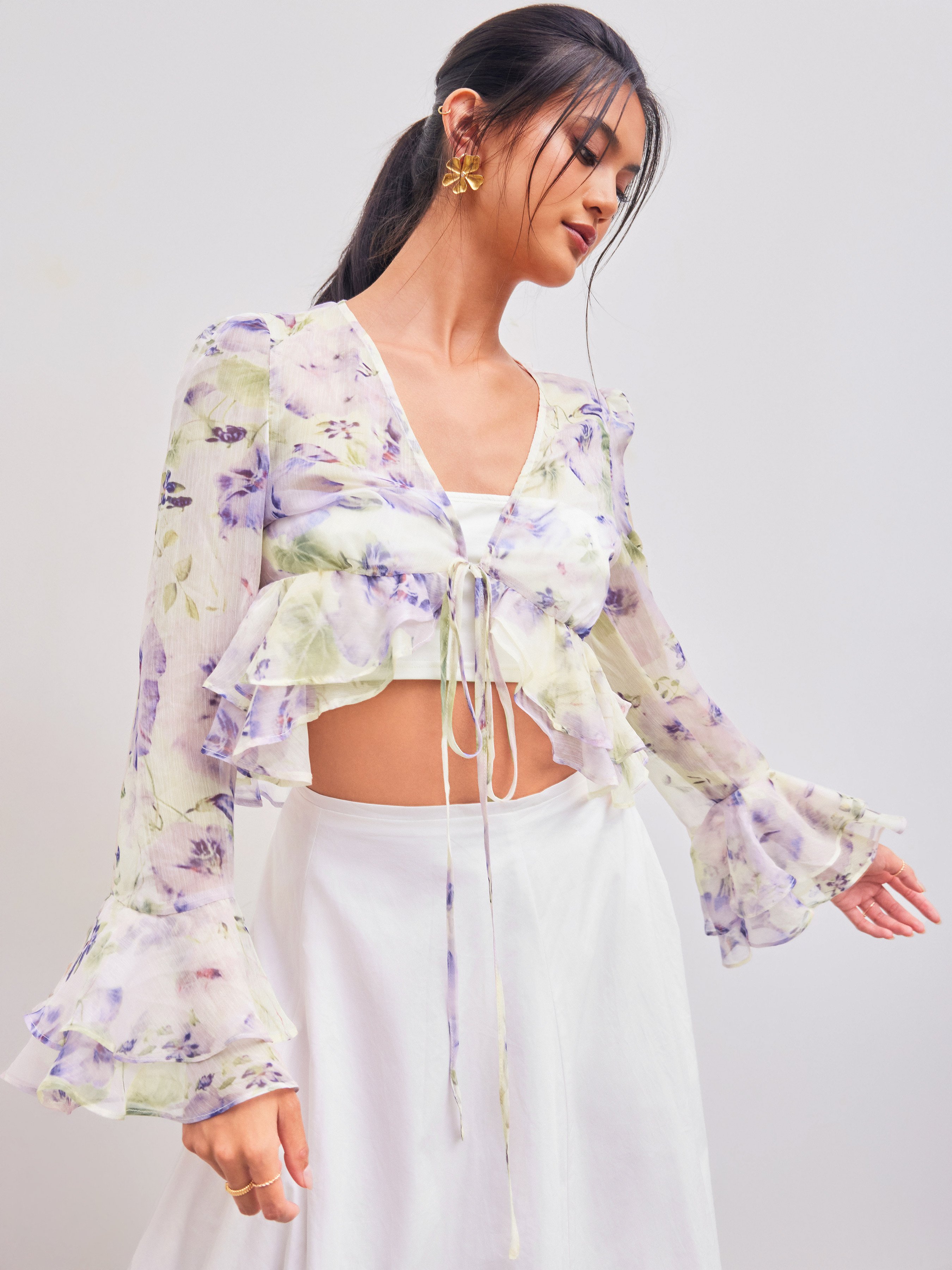 Chiffon Chiffon Square Neck Floral Lettuce Trim Long Sleeve Blouse With ...