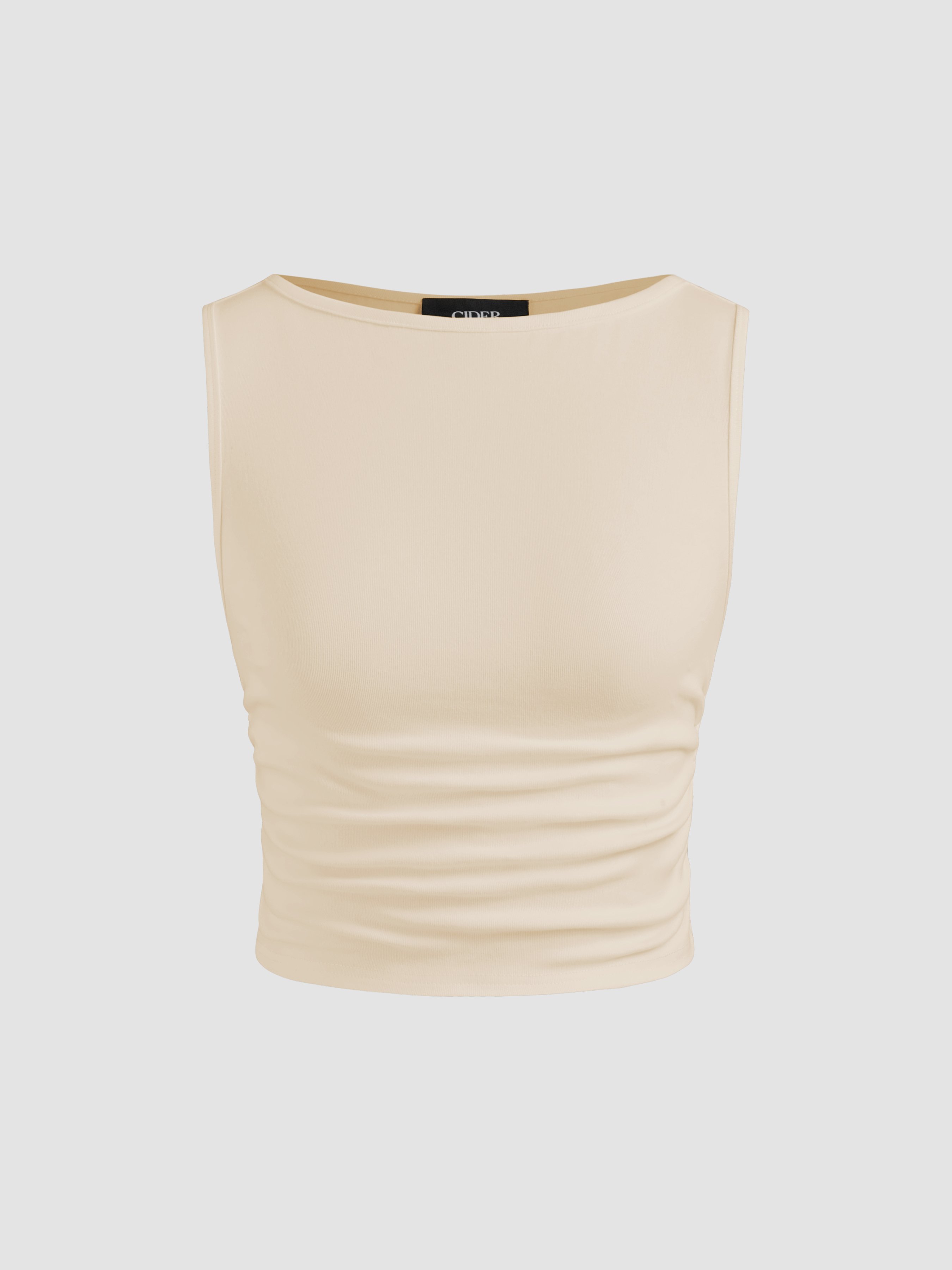 Boat Neck Ruched Solid Crop Tank Top For Daily Casual