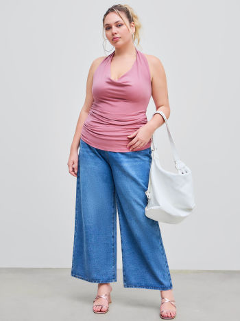 Material Solid Ruched Halter Top Curve & Plus For Occasion