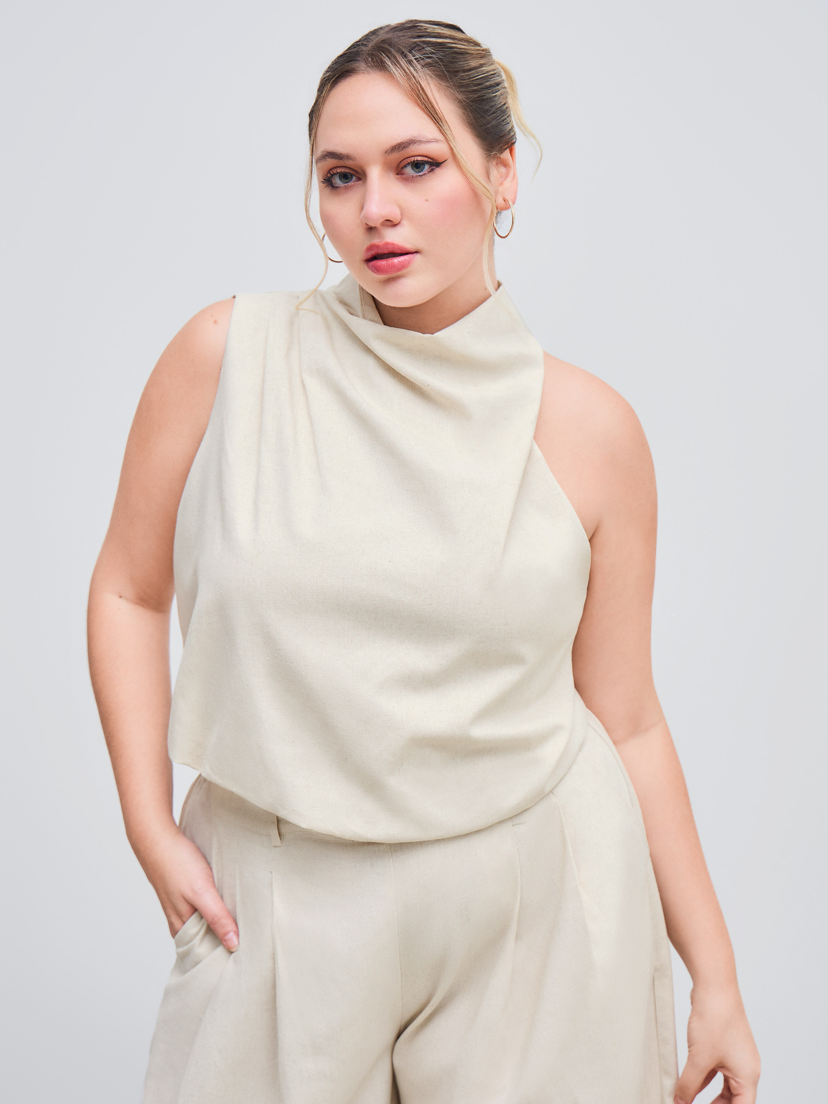 Linen-blend Linen-blend High Neck Asymmetrical Tank Top Curve & Plus ...