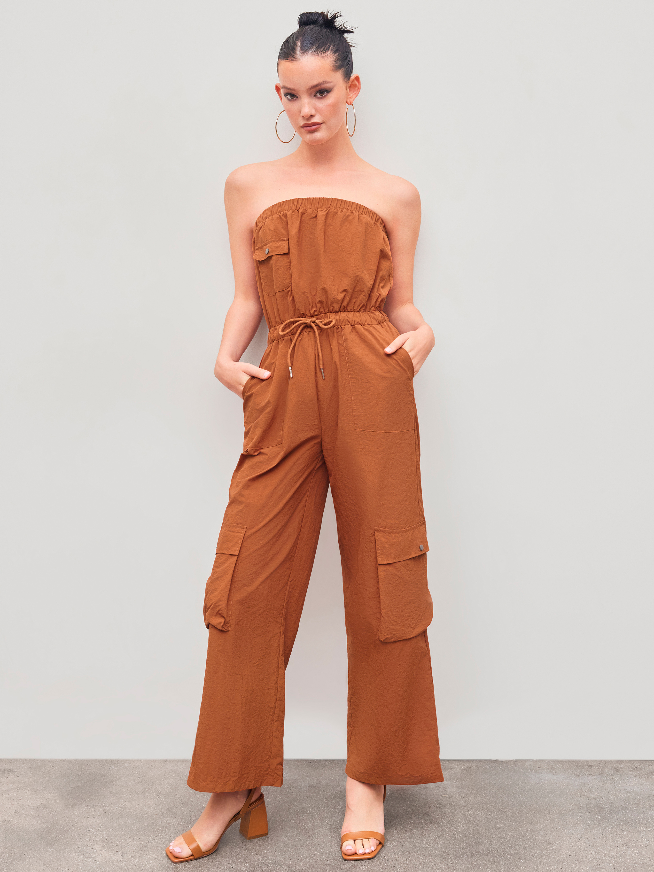 Y2K Outfits Woven Tube Solid Knotted Cargo Jumpsuit For Daily Casual