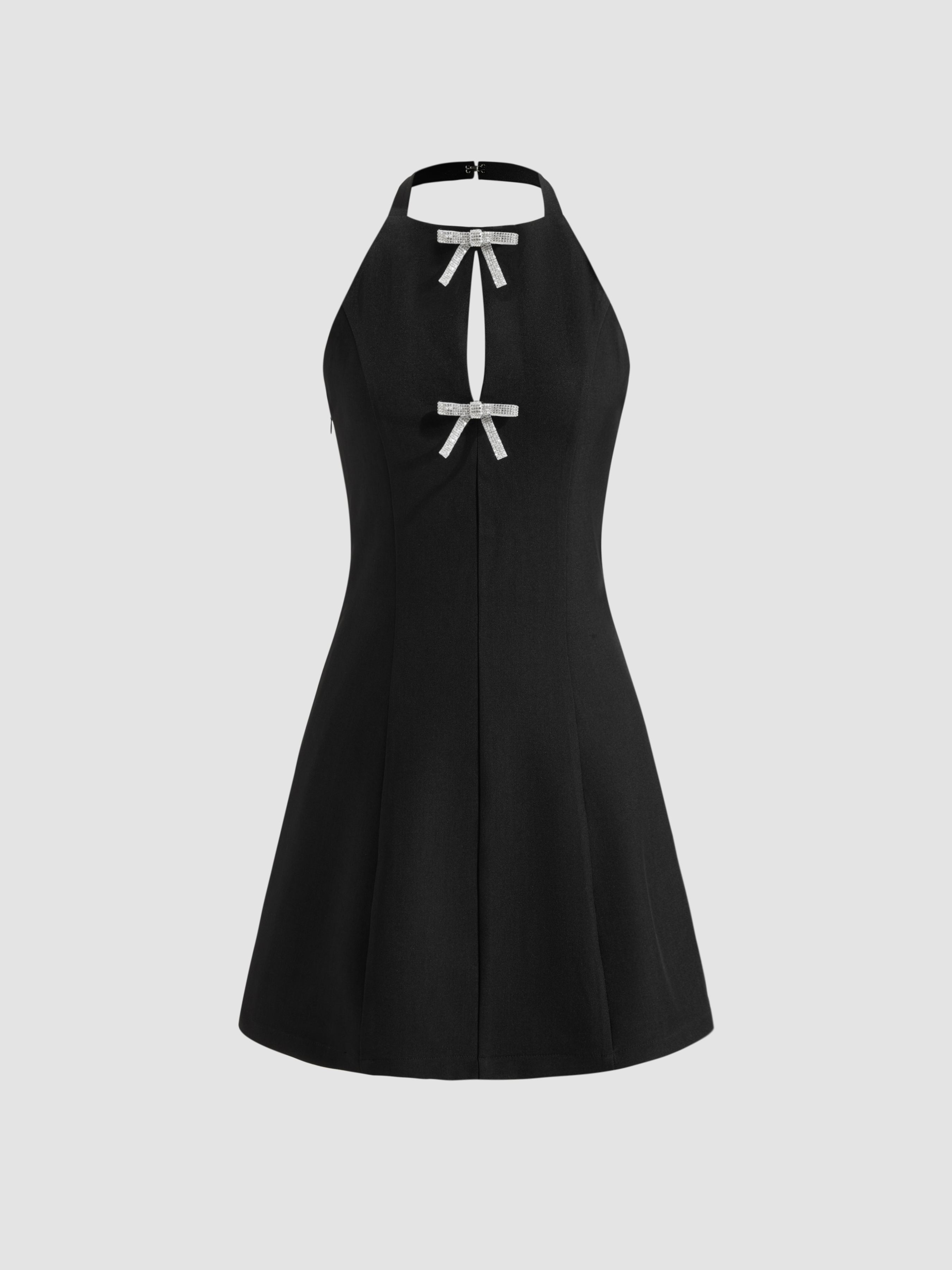 Woven Halter Solid Rhinestone Bowknot Cut Out Mini Dress For Date