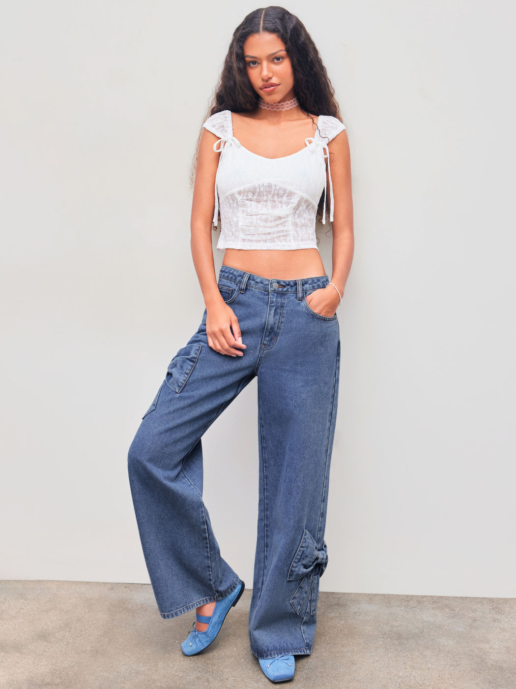 Bowknot Jeans Denim Cider Denim Low Rise Bowknot Wide Leg Jeans For Work
