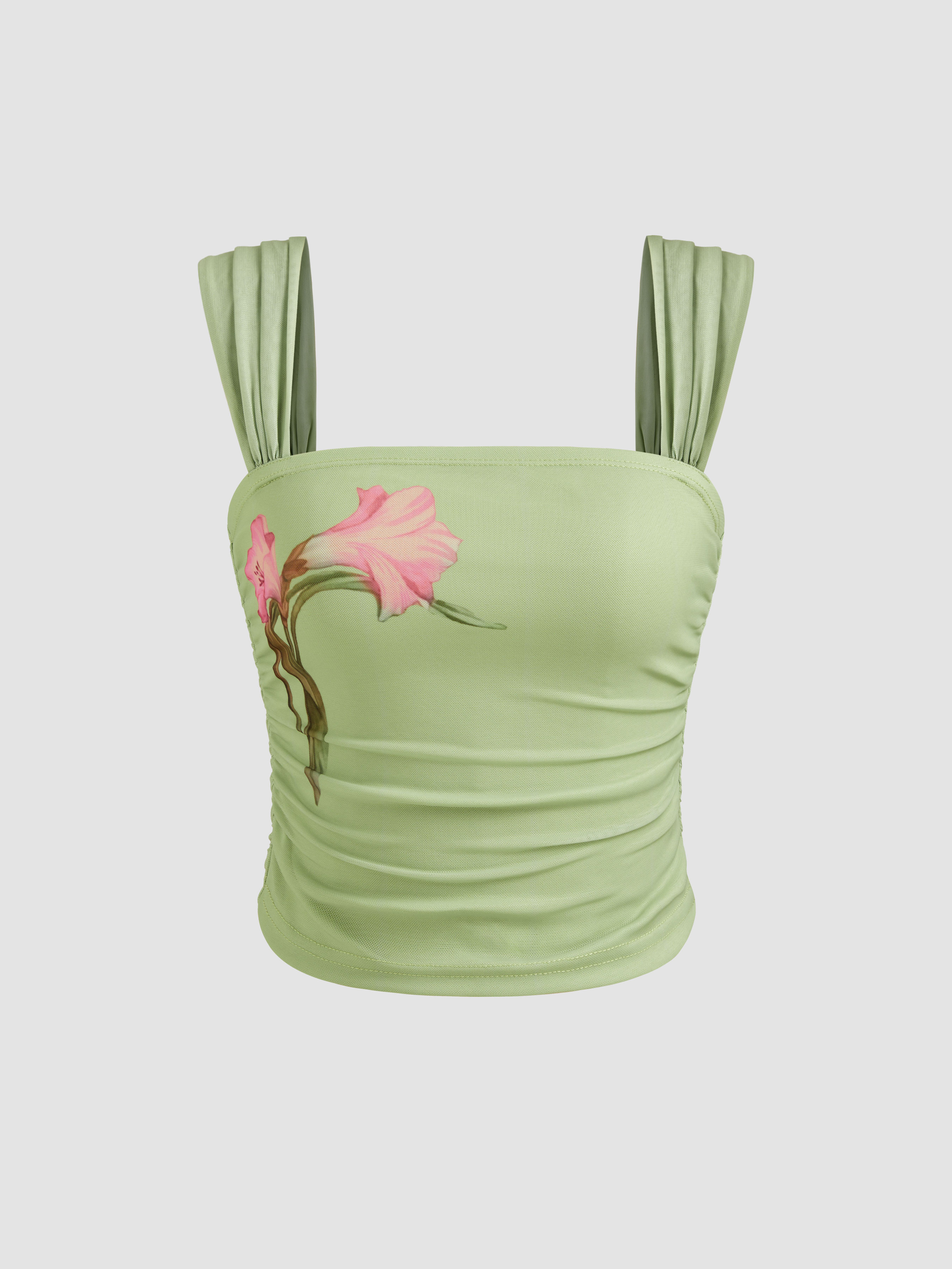 Mesh Mesh Square Neck Floral Ruched Crop Tank Top For Daily Casual