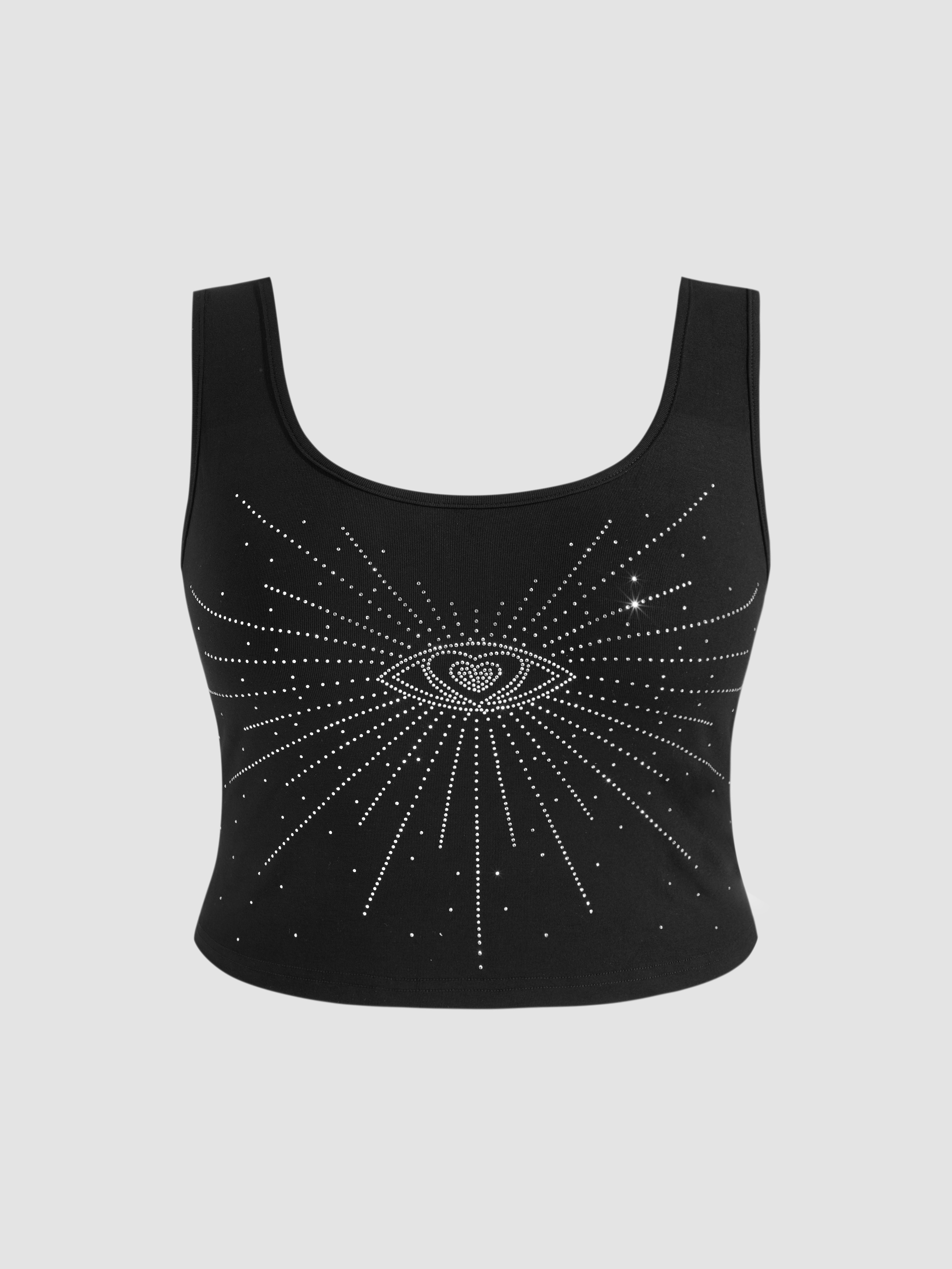 Rib Rib U-neckline Eye Heart Rhinestone Tank Top Curve & Plus For Daily ...